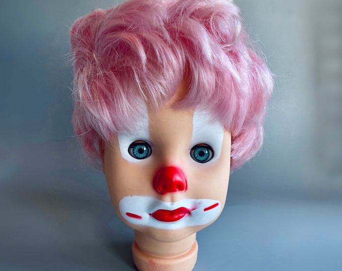 Pink Haired Doll Head Clown, Large Clown Doll Head Blinking Eyes, New ...