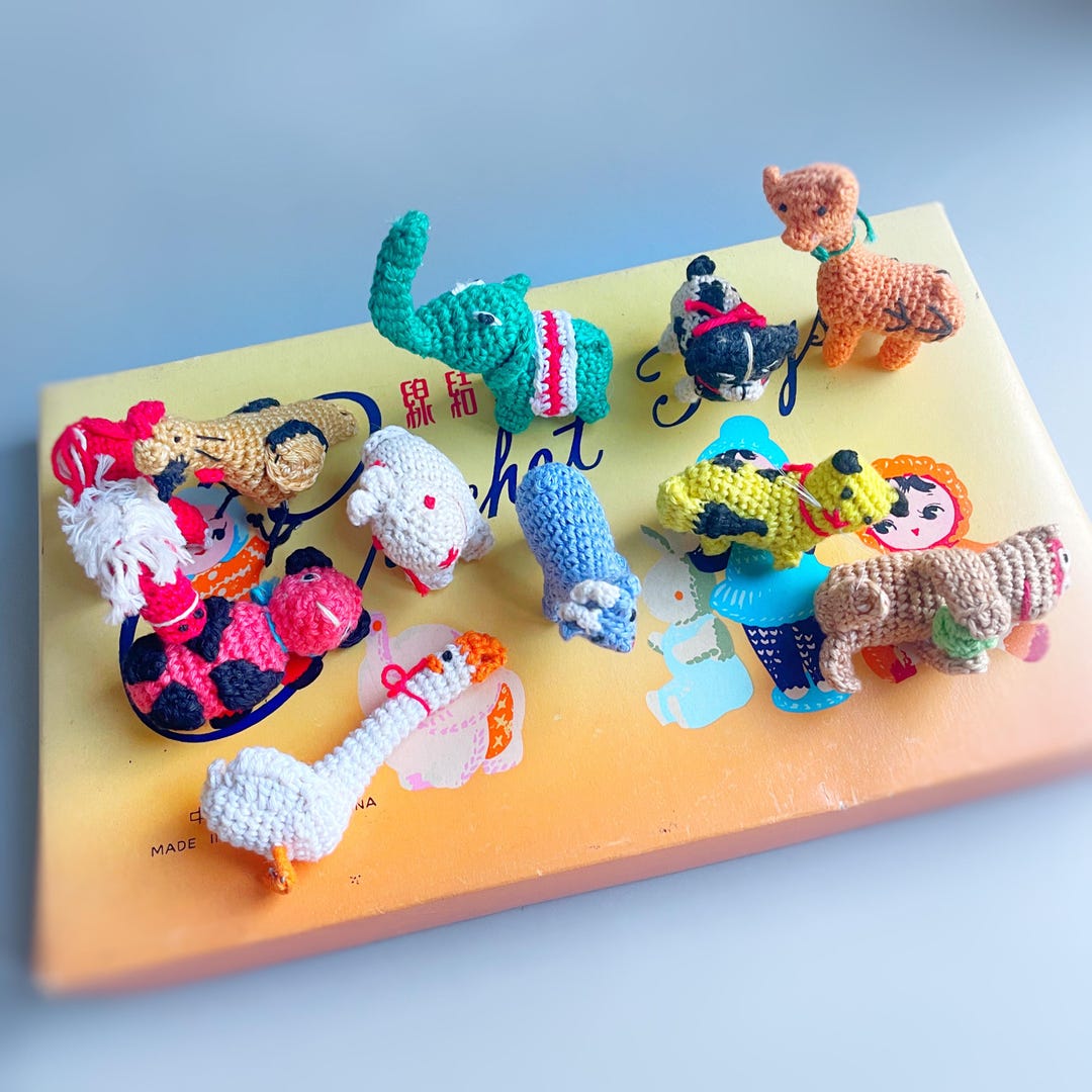 Vintage Amigurumi Mini Crochet Animal Set in Box, Shanghai China Hand ...