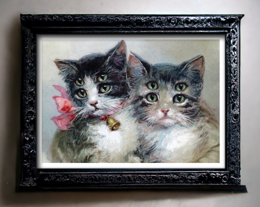 Kitsch Vintage Cat Print, Surreal Art Four Eyed Cats, Vintage Collage ...