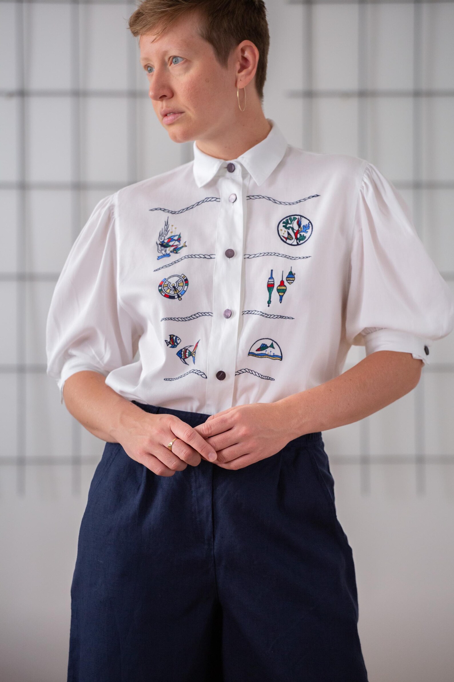 Vintage Embroidered Cotton Blouse: White Nautical Fishing Theme, Puffy ...