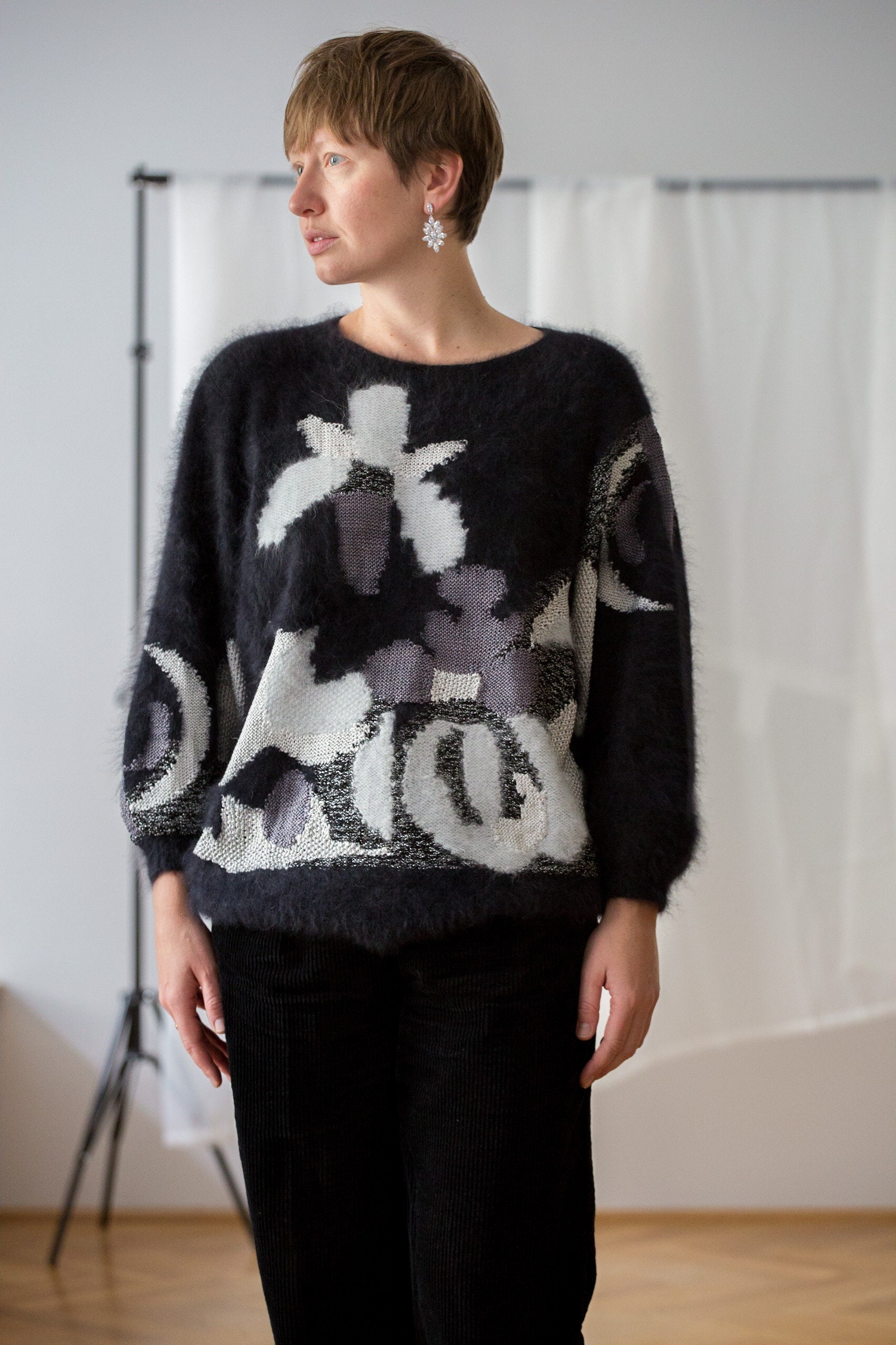 Vintage Fluffy Angora Sweater in Black With Abstract Pattern - Etsy