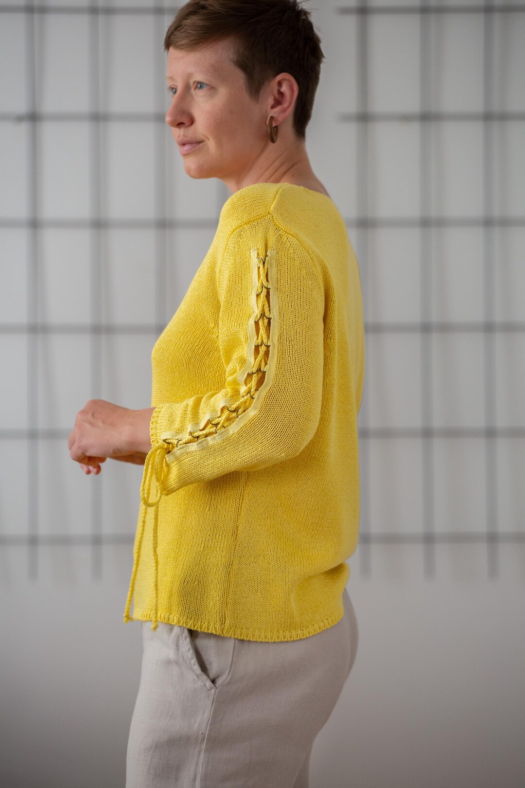 Vintage Italian Knit Sweater: Yellow Cotton Blend With Rope Tie Sleeves ...