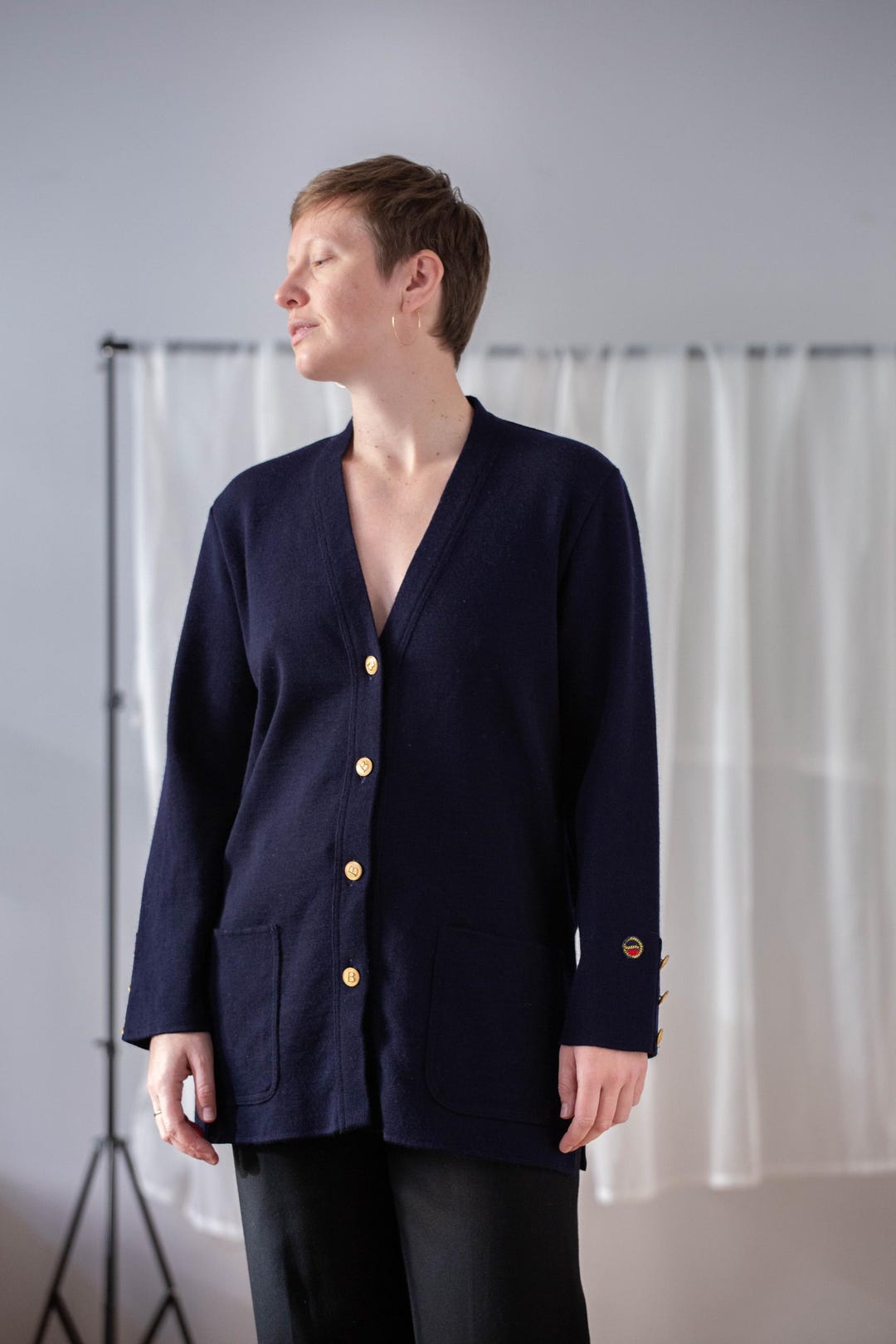 Vintage Busnel Wool Cardigan: Navy Blue Buttoned Sweater (M-L), Made in ...