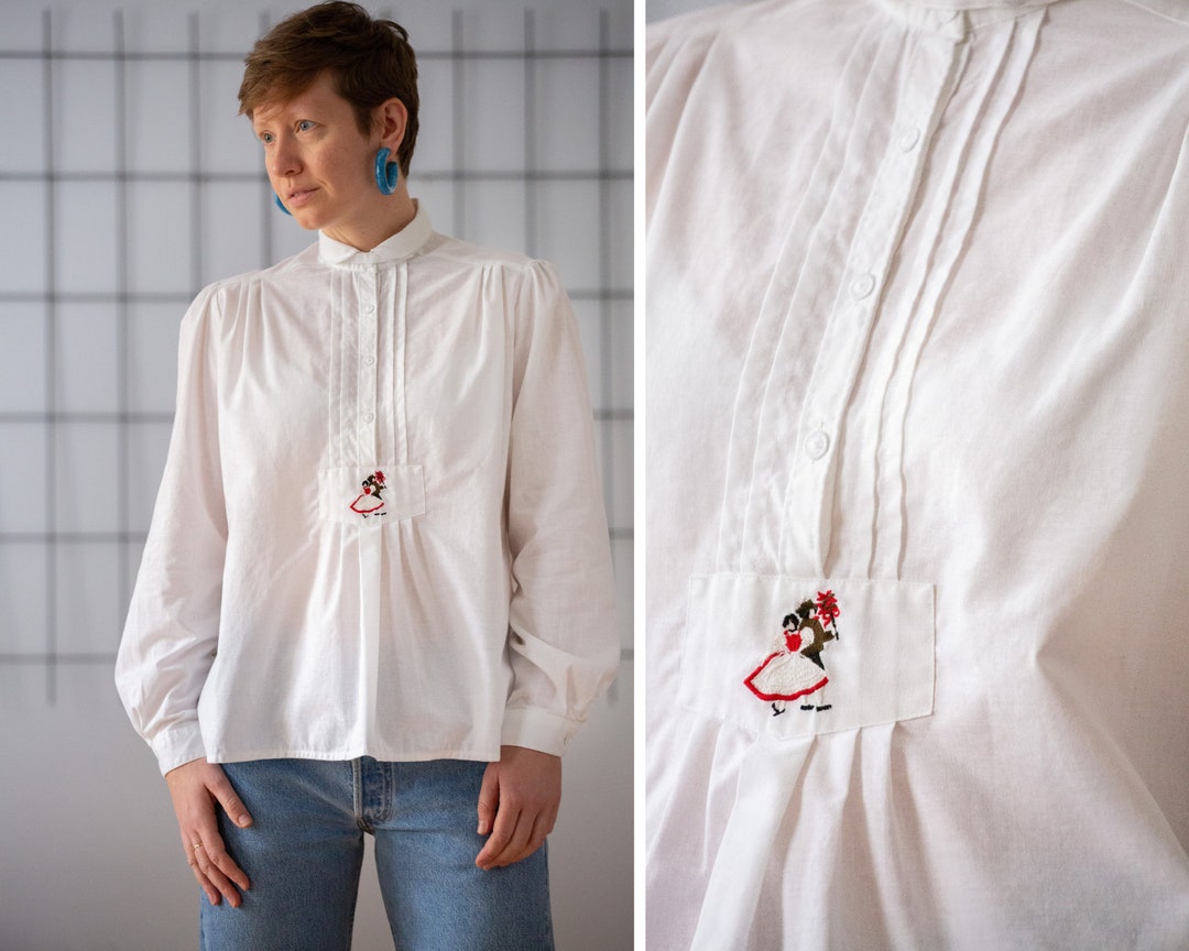 Vintage Embroidered Cotton Folk Blouse: White Button-down Shirt (S-M ...