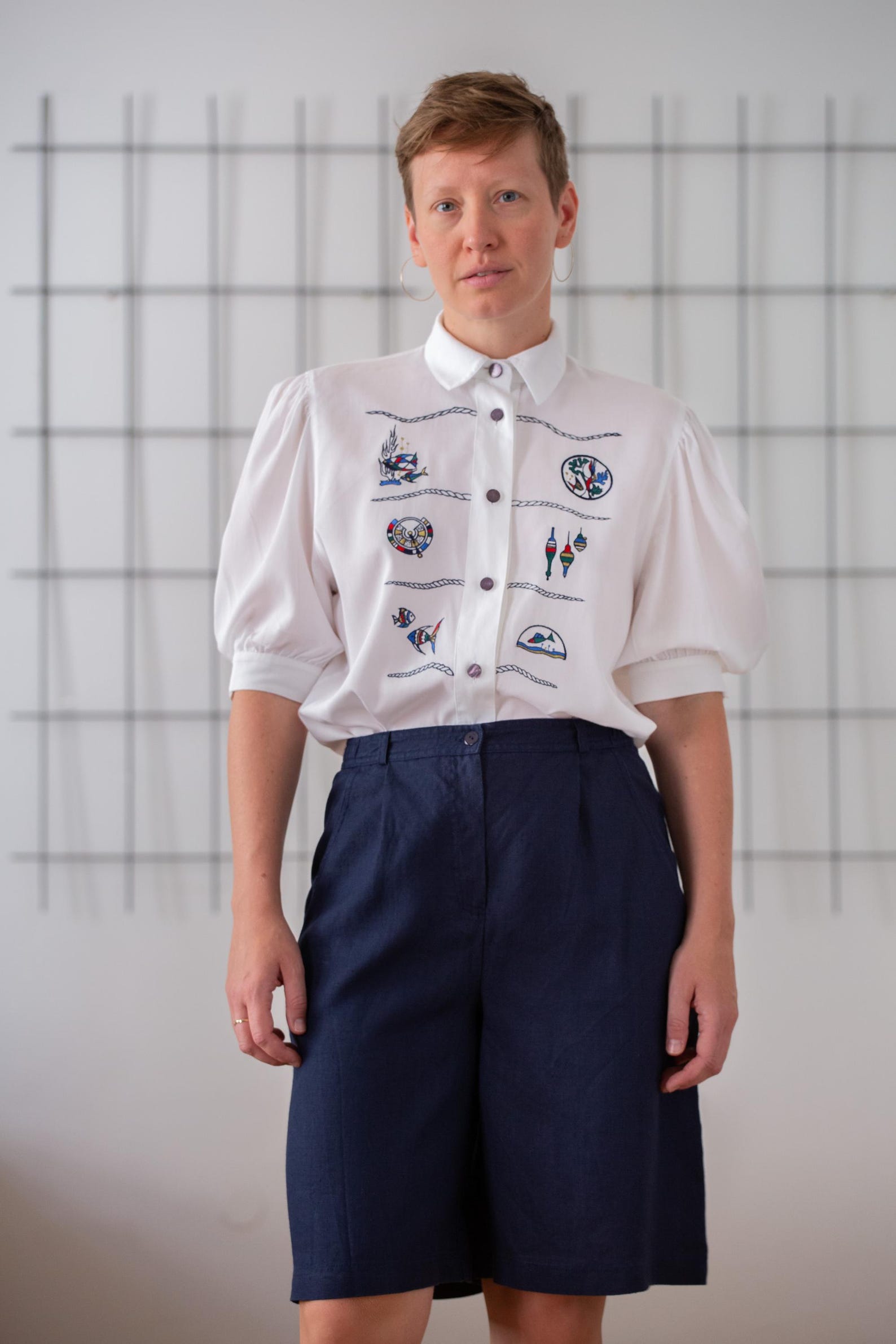Vintage Embroidered Cotton Blouse: White Nautical Fishing Theme, Puffy ...