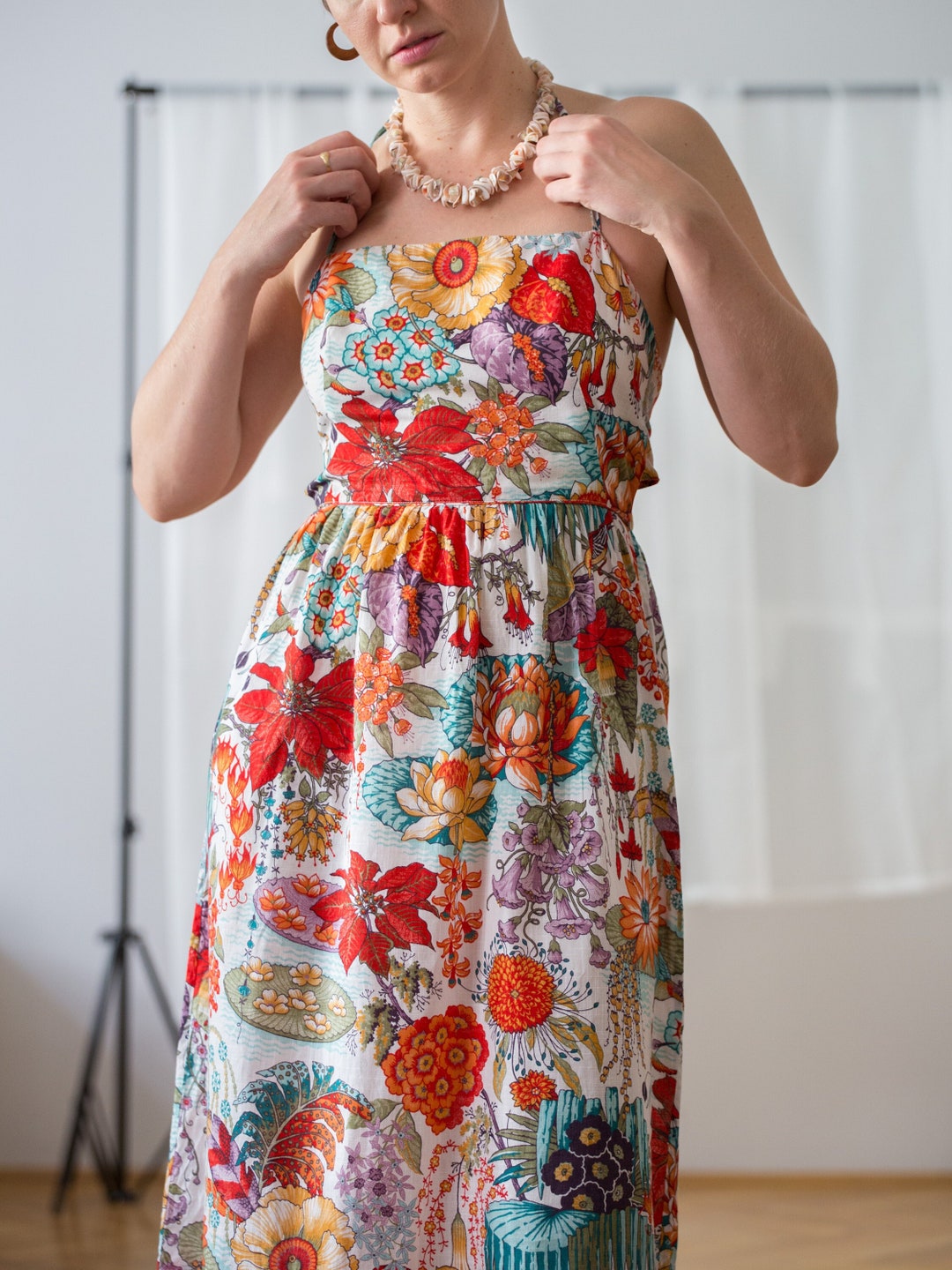 Vintage Colourful Floral Dress for Women Size S M Aquatic Plant Halter ...