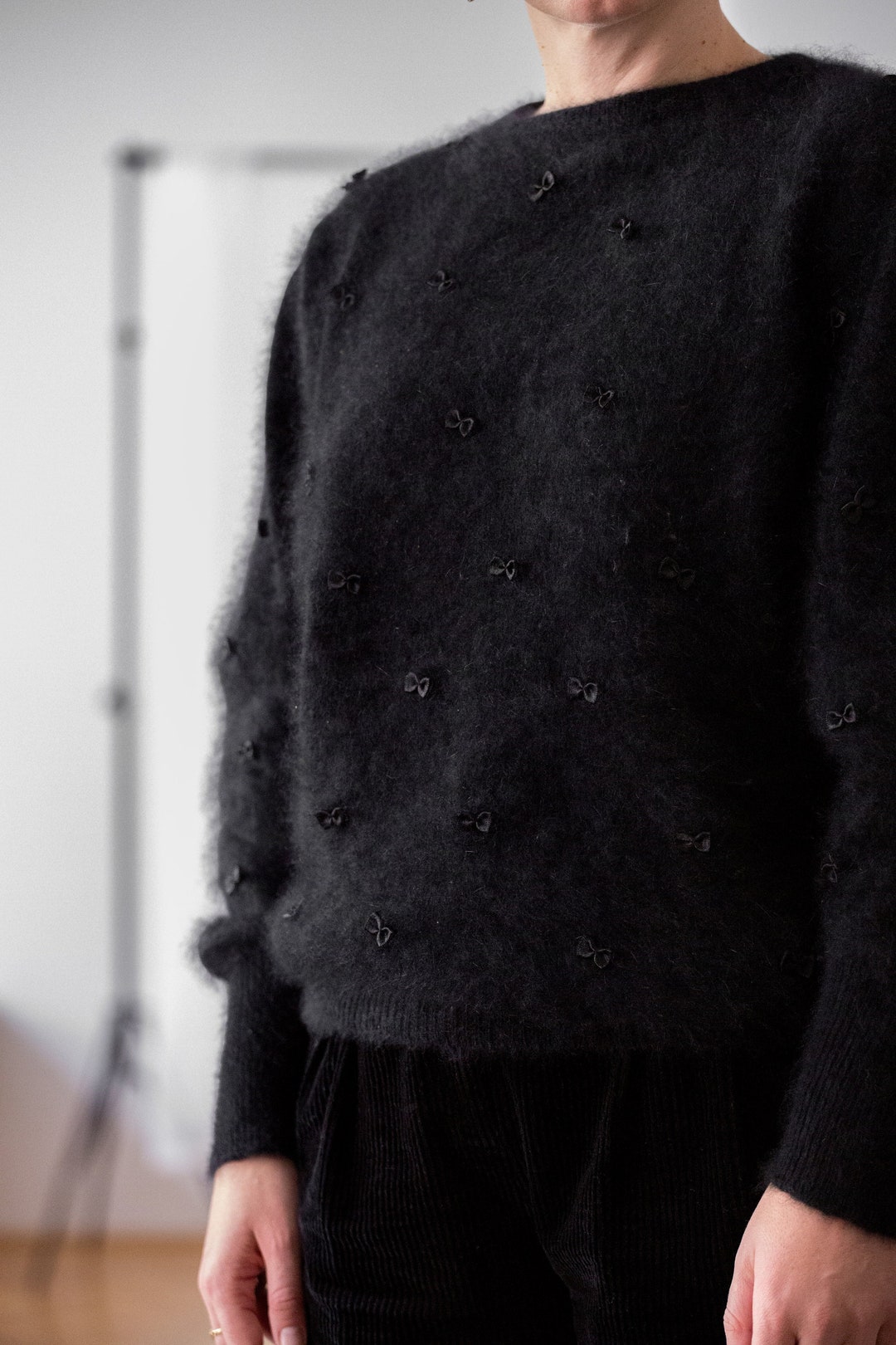 Vintage Fluffy Angora Sweater in Black With Mini Bow Detail Size S M ...
