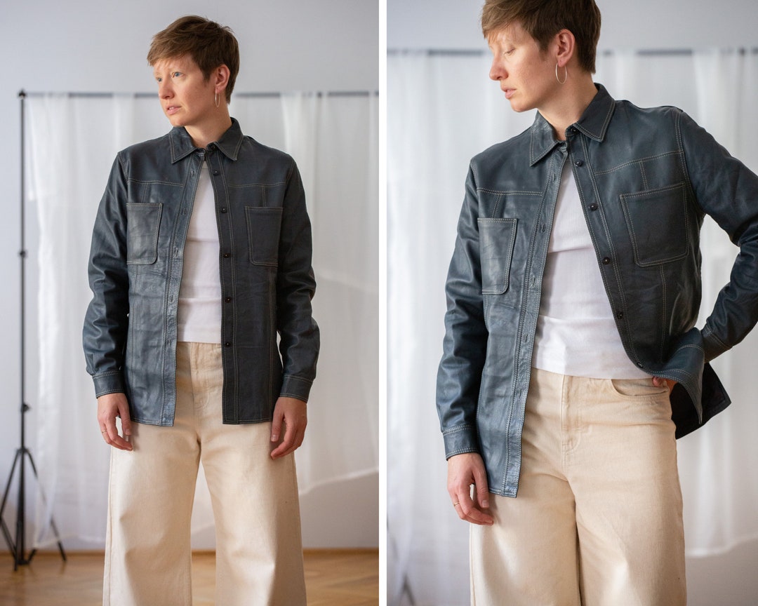 Vintage Genuine Leather Jacket in Steel Blue for Women Size - Etsy