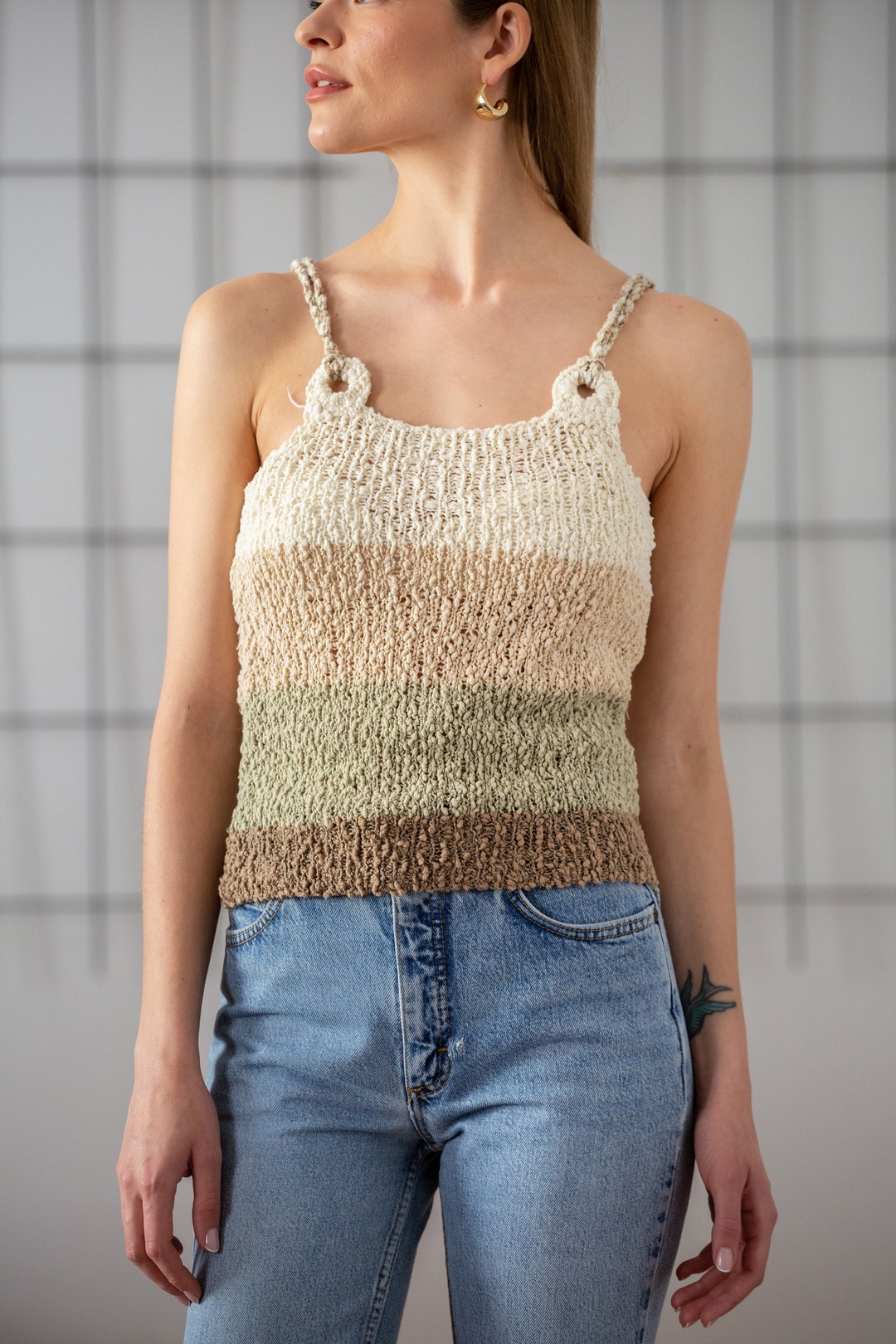 Vintage Hand Knit Strap Top in Earth Tones for Women | Size XS ...
