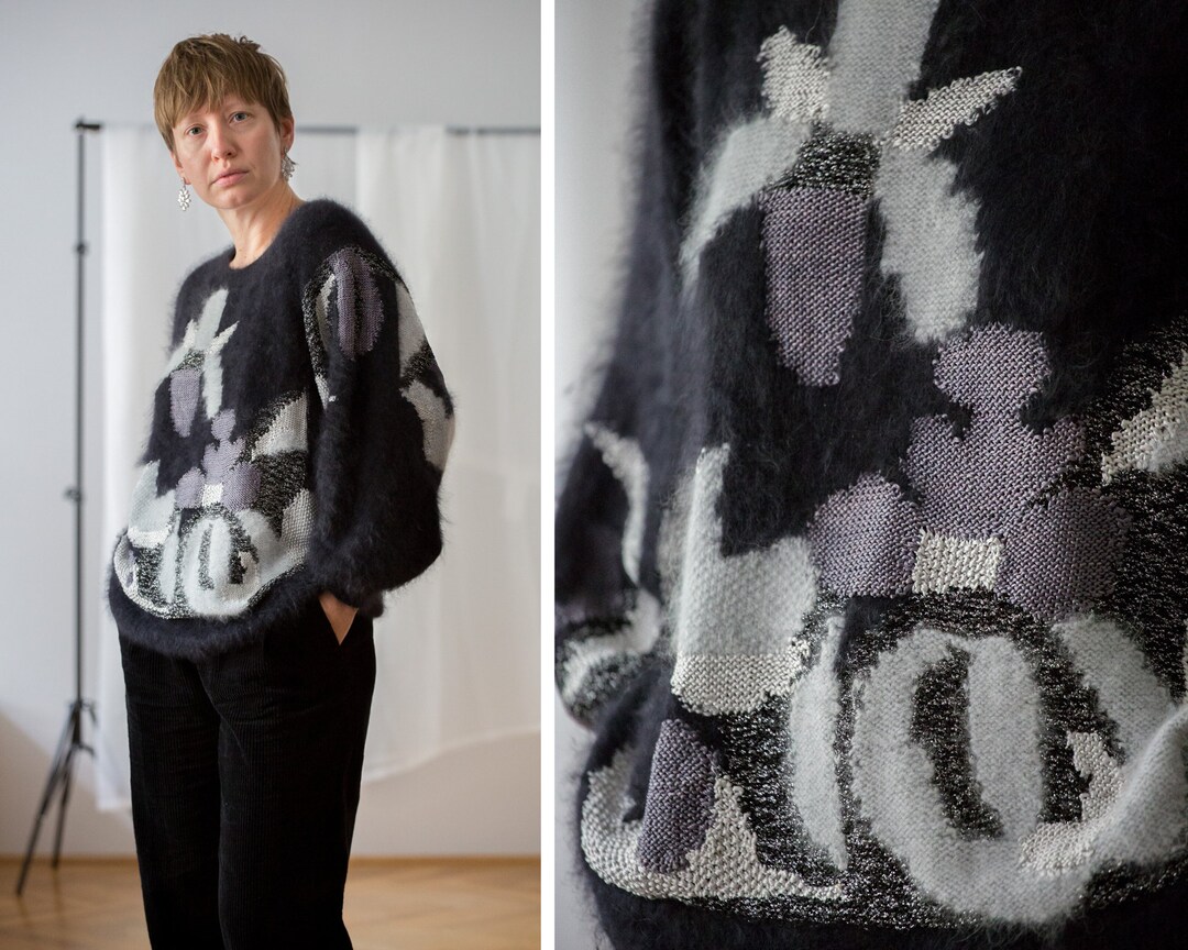 Vintage Fluffy Angora Sweater in Black With Abstract Pattern for Women ...