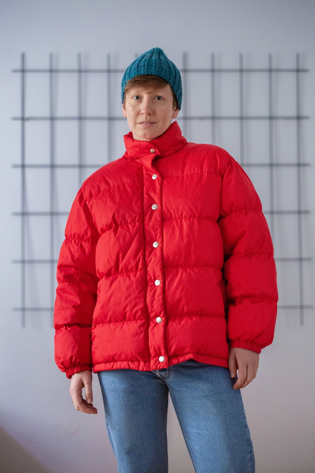 Vintage Down Puffer Jacket in Bright Red for Women Size M Padded ...