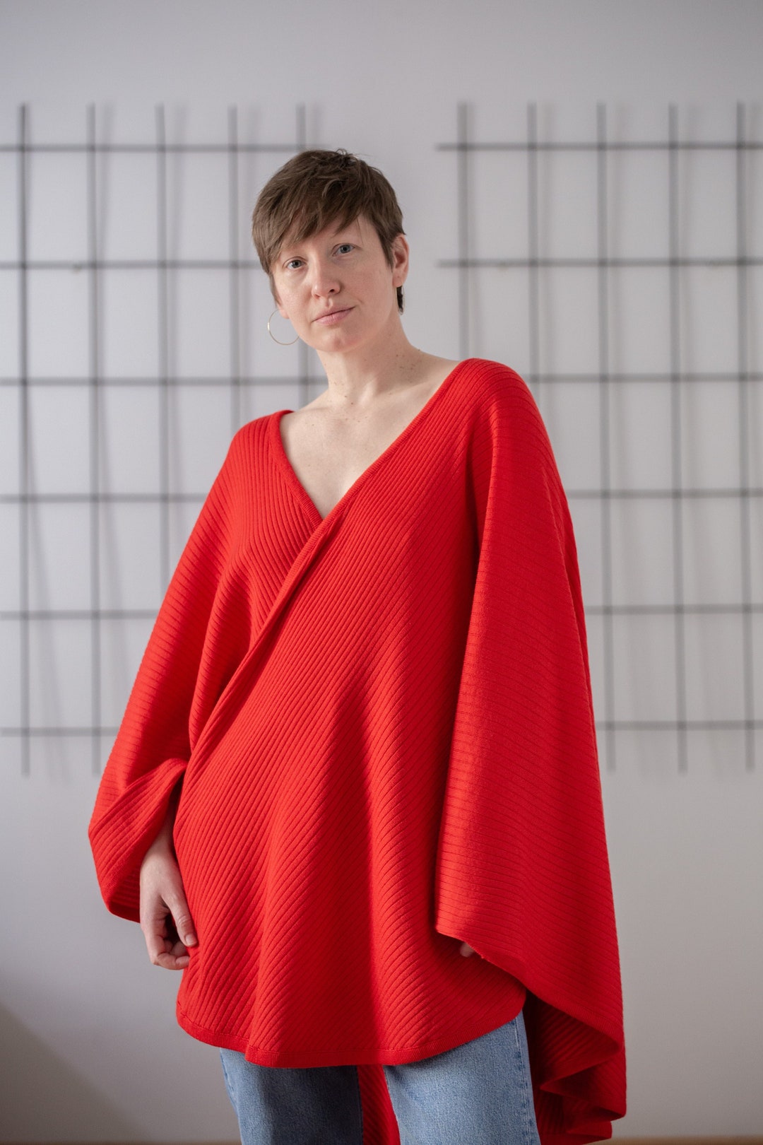 Italian Vintage Large Wool Knit Cape Shawl in Bright Red | Cozy ...