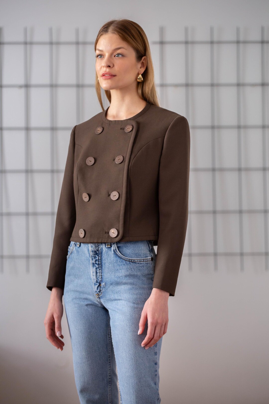 1960s Vintage Pure Wool Tailored Blazer in Dark Brown for Women Size S Collarless Double ...