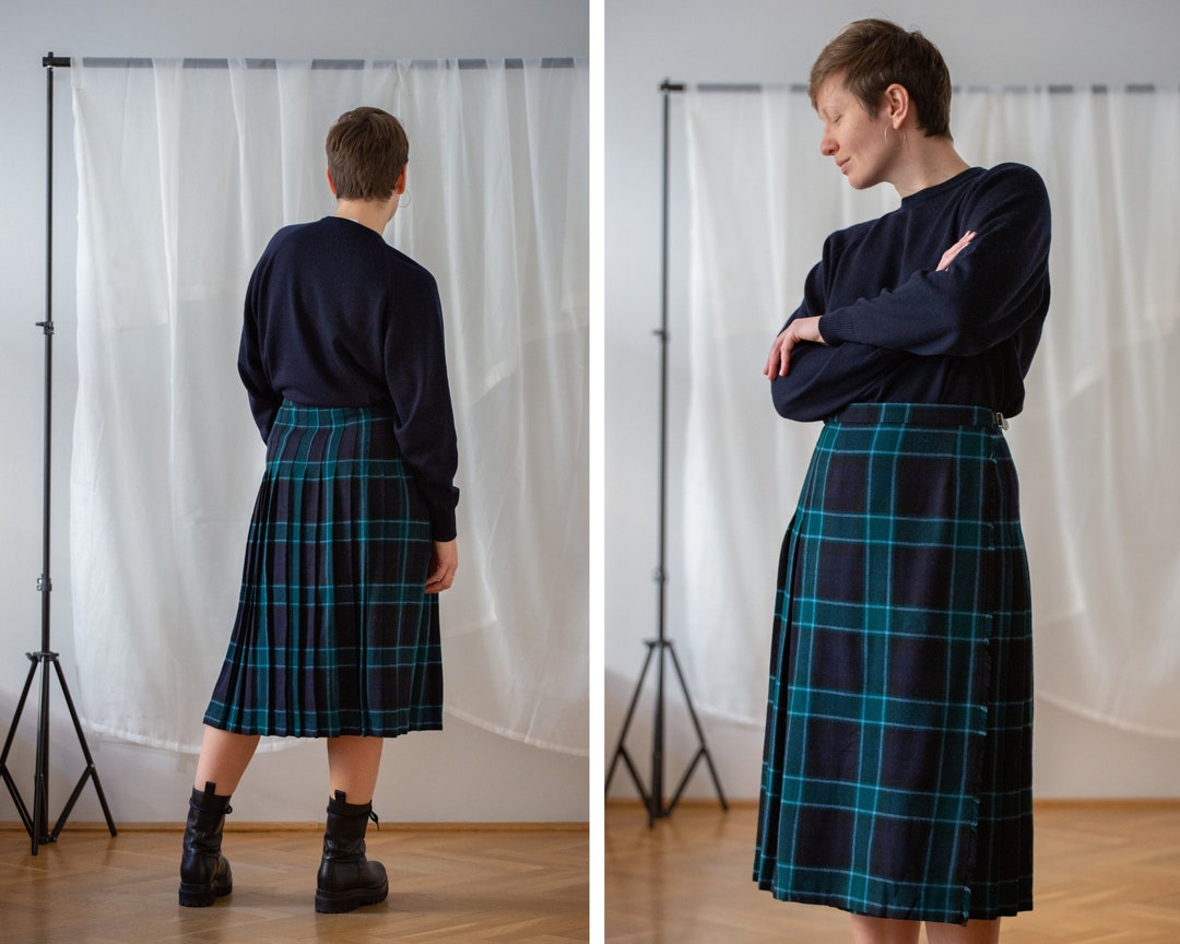 Scottish Vintage Wool Kilt With Navy Blue, Turquoise & Green Plaid ...