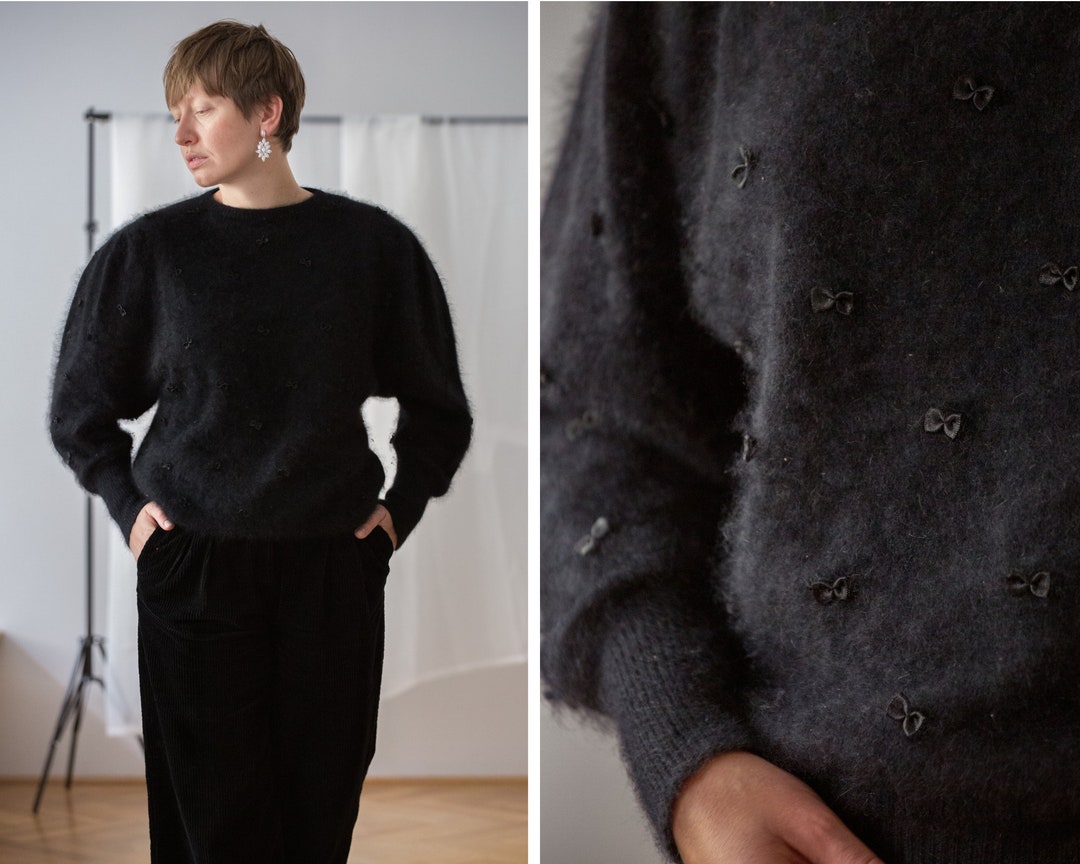 Vintage Fluffy Angora Sweater in Black With Mini Bow Detail Size S M ...