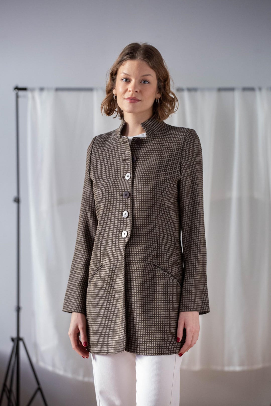 Vintage Mani Virgin Wool Blazer: Checked Brown Longline Jacket, XXS - Etsy