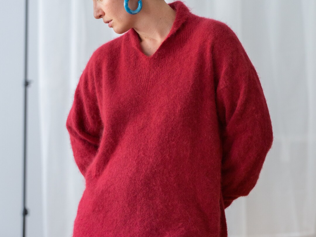 Vintage Fluffy Angora Wool Sweater in Cherry Red for Women - Etsy
