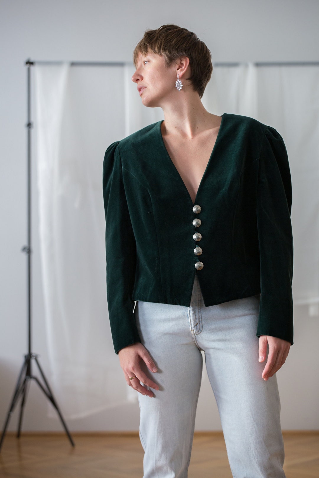 Vintage Velvet Folk Jacket With Puff Sleeves in Dark Green Size L / EU ...