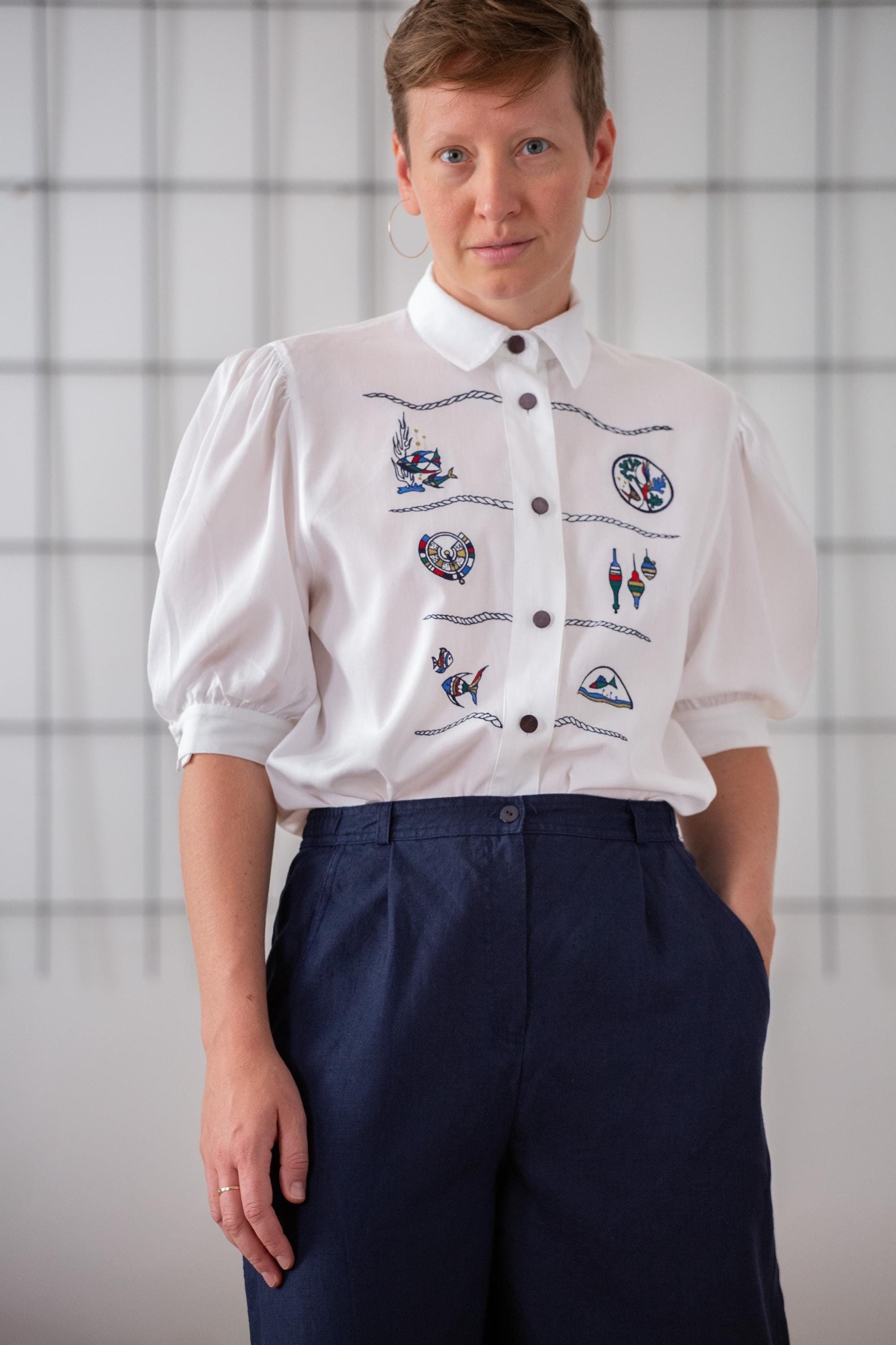 Vintage Embroidered Cotton Blouse: White Nautical Fishing Theme, Puffy ...