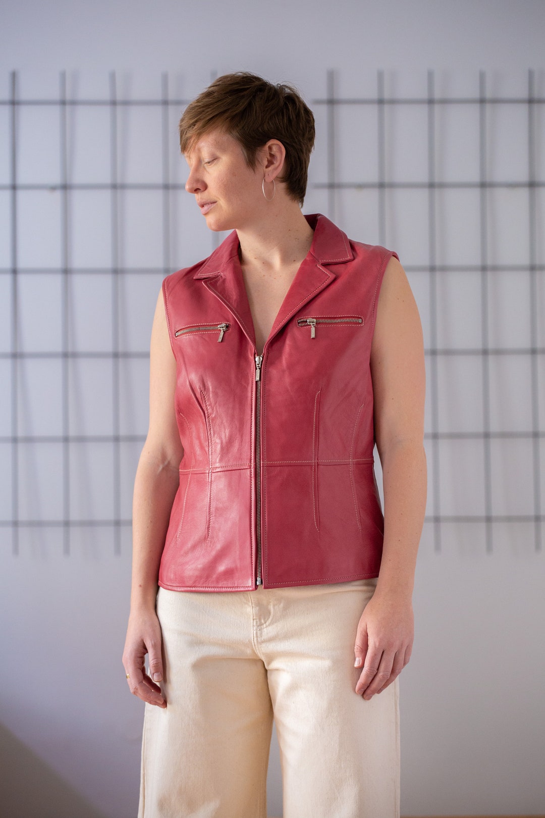 Vintage Real Leather Zip up Vest in Berry Red for Women Size L Notch ...