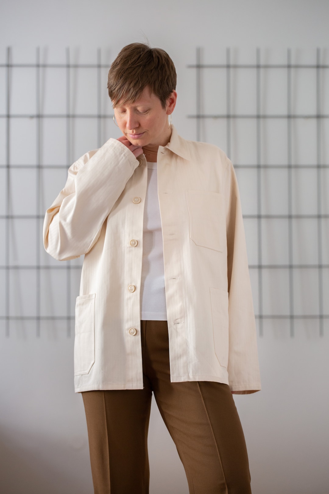 Deadstock Vintage Chore Coat in Cream for Men | Size L - XL | Button ...