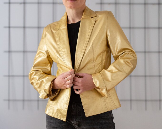 Vintage Real Nappa Leather Blazer in Shiny Golden for Women | Size M | Single Breasted Fitted ...