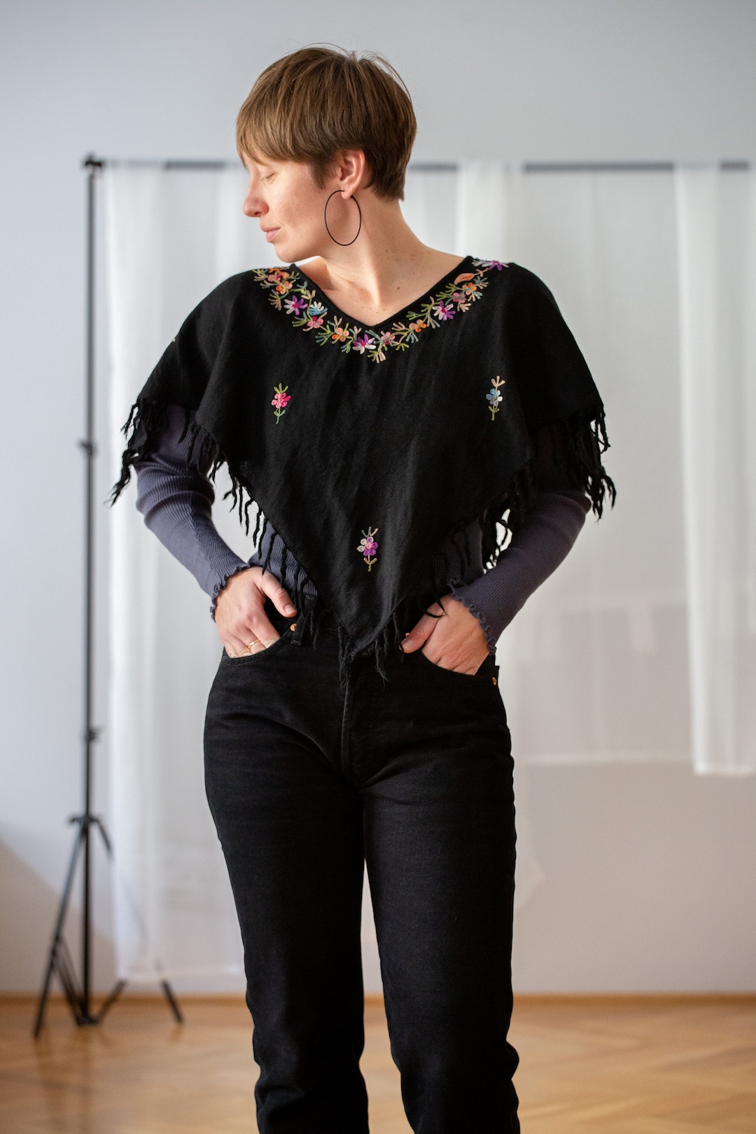 Vintage 100% Wool Capelet in Black With Colourful Floral Embroidery for ...