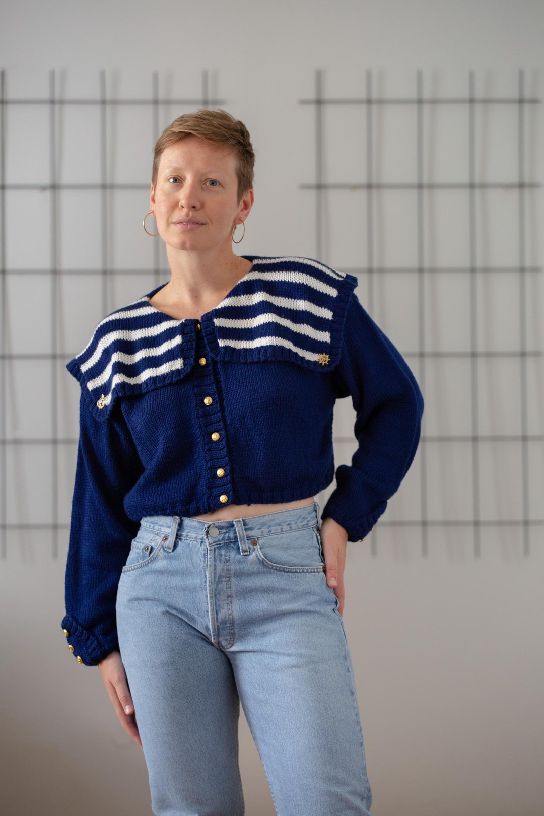 Vintage Hand Knit Nautical Cardigan Sweater in Dark Blue & White for ...