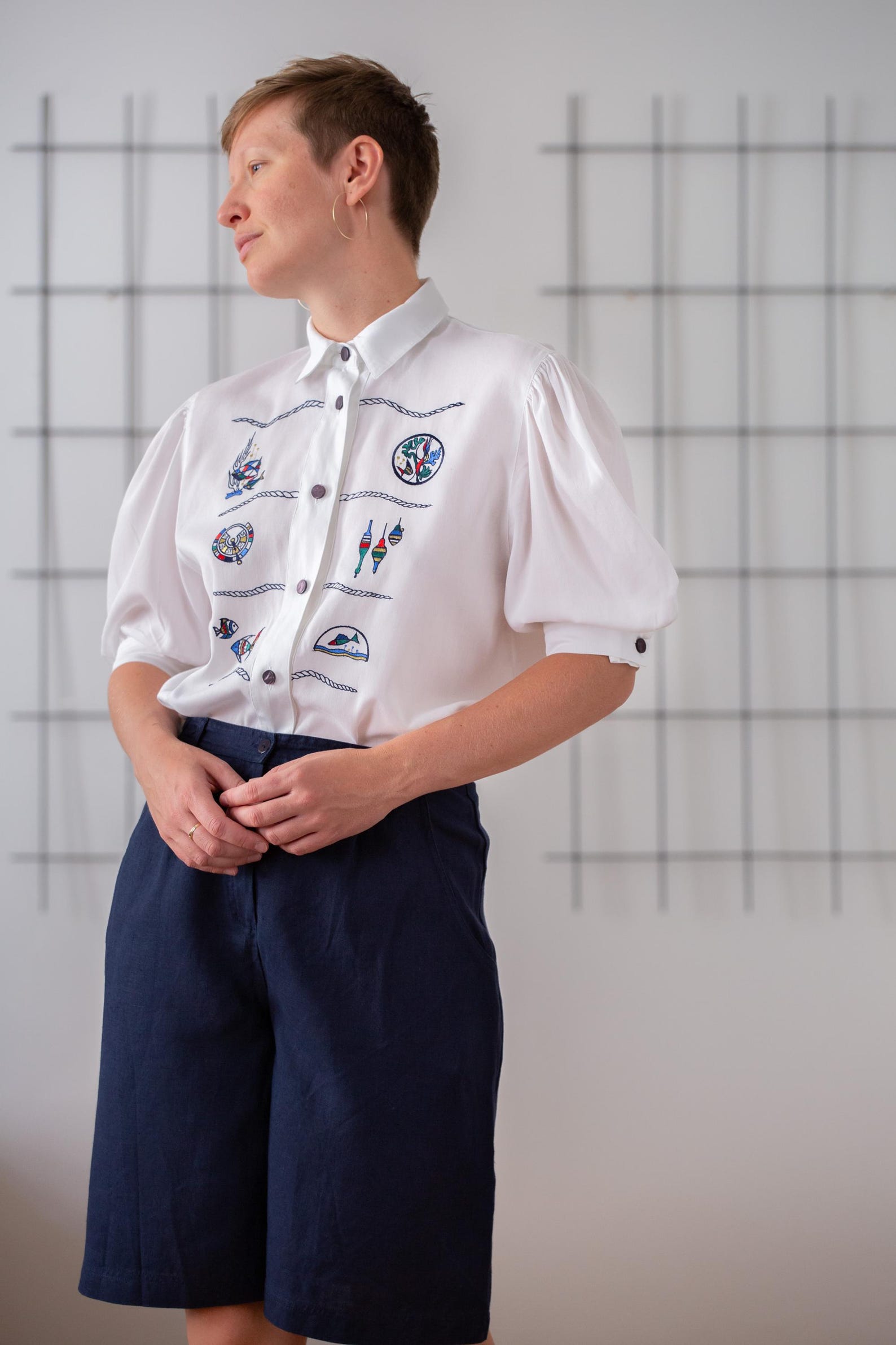 Vintage Embroidered Cotton Blouse: White Nautical Fishing Theme, Puffy ...