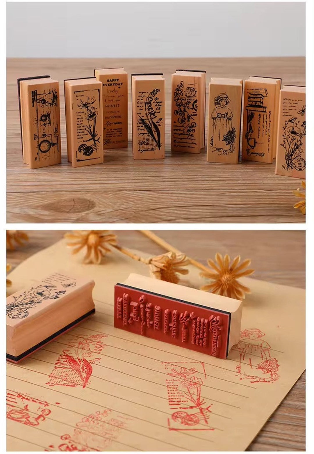 Retro Wooden Stamp-like Stamps, Plant Flower Girl Books Coffee Words ...