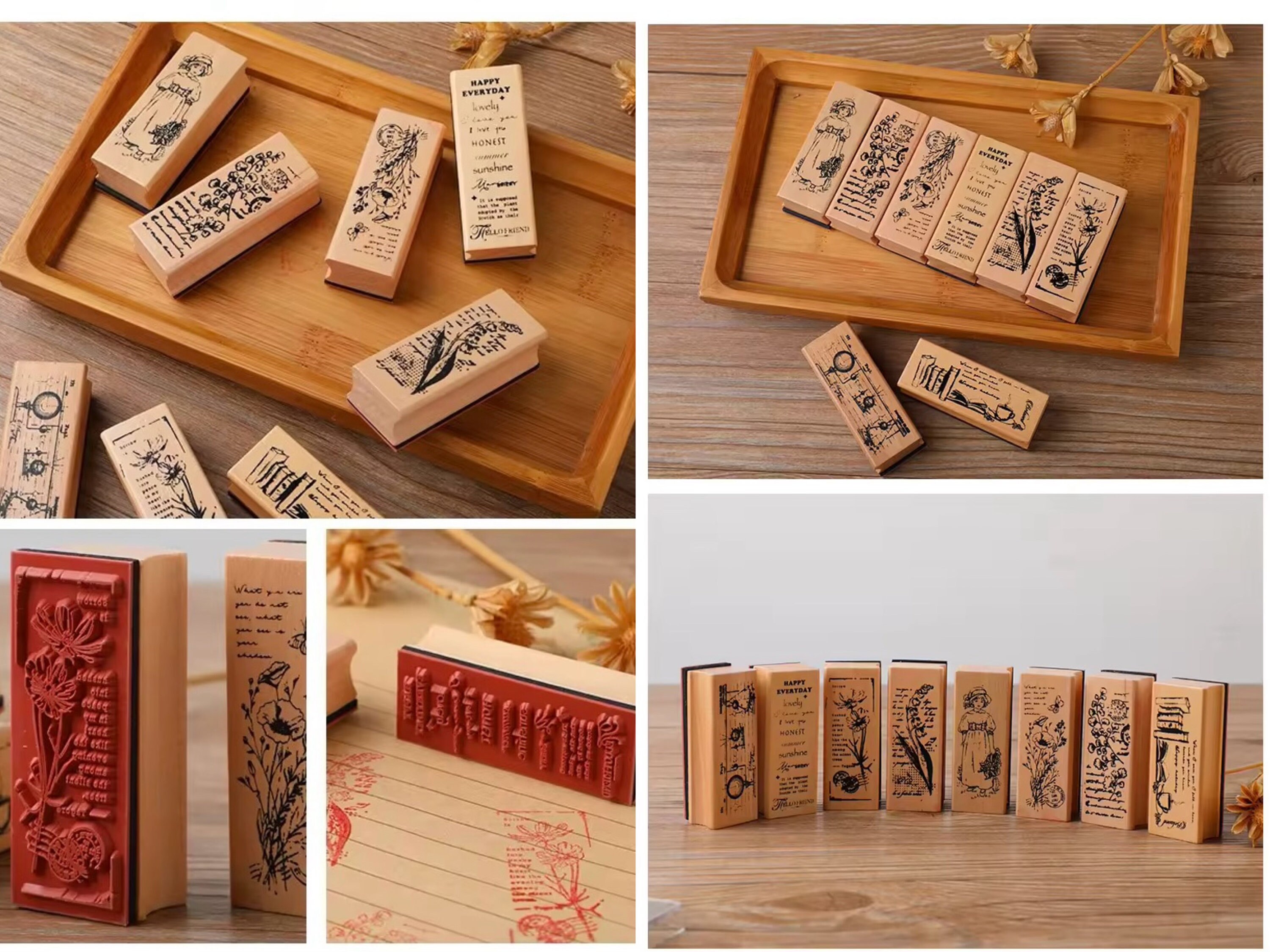 Retro Wooden Stamp-like Stamps, Plant Flower Girl Books Coffee Words ...