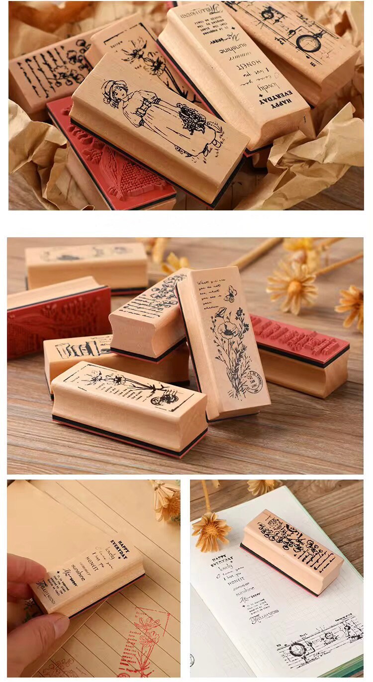 Retro Wooden Stamp-like Stamps, Plant Flower Girl Books Coffee Words ...