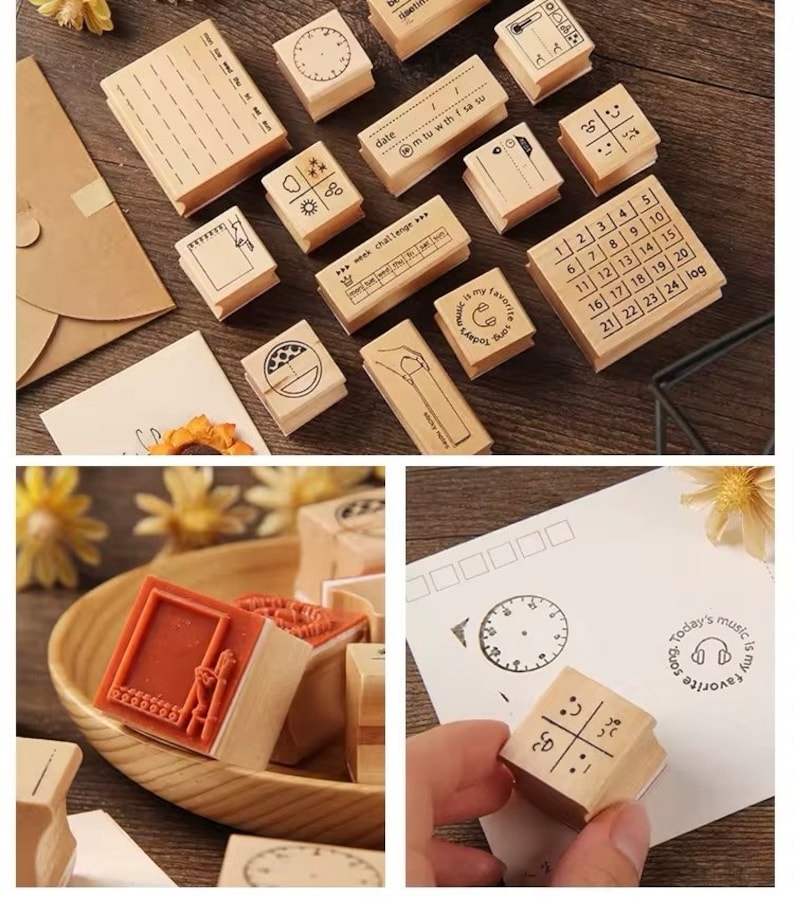 Retro Week Date Time Memo Note Wooden Stamp Set, Weather Temp Mood ...