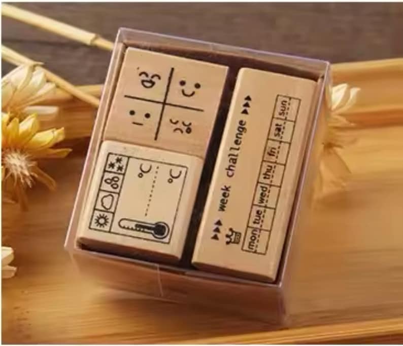 Retro Week Date Time Memo Note Wooden Stamp Set, Weather Temp Mood ...