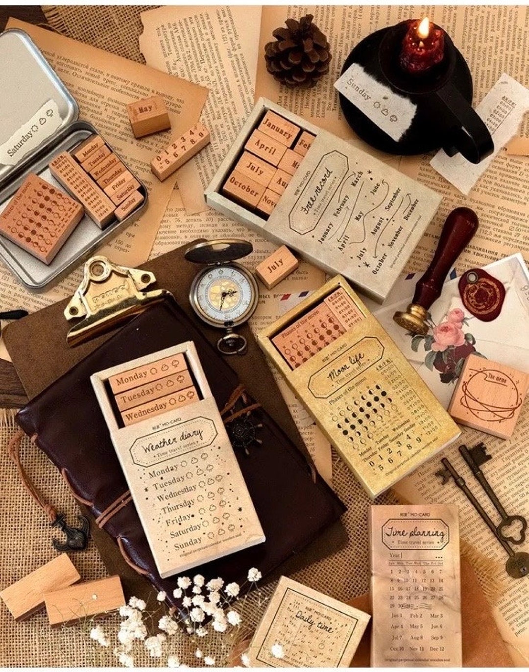 Retro Wooden Stamps Set, Date Week Month Year Stamps, Retro Rubber ...