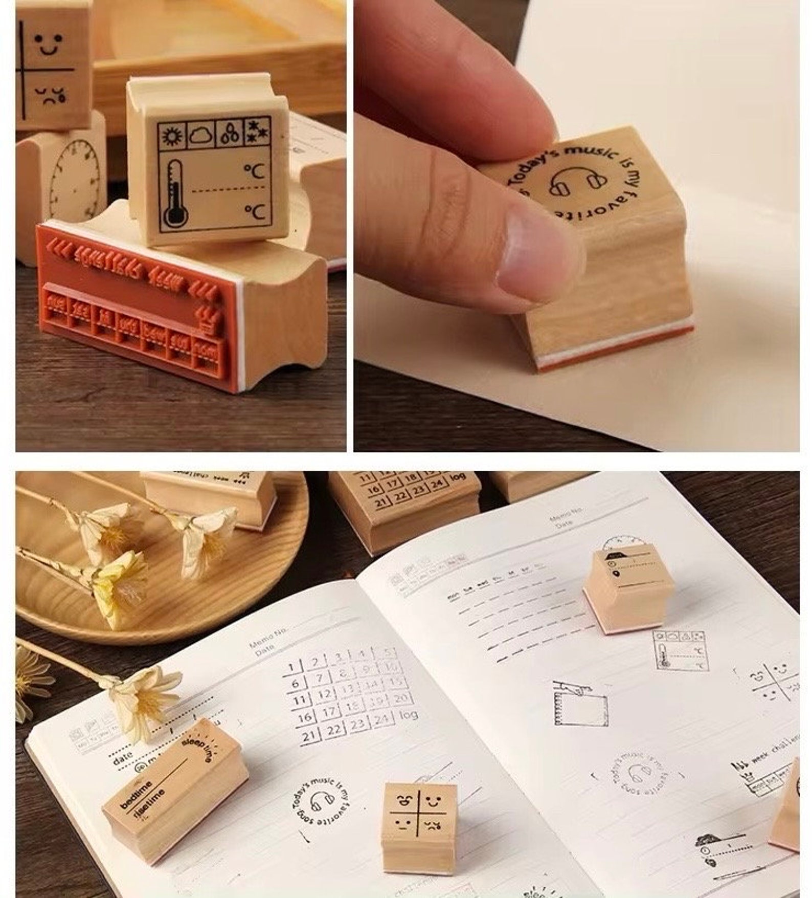 Retro Week Date Time Memo Note Wooden Stamp Set, Weather Temp Mood ...