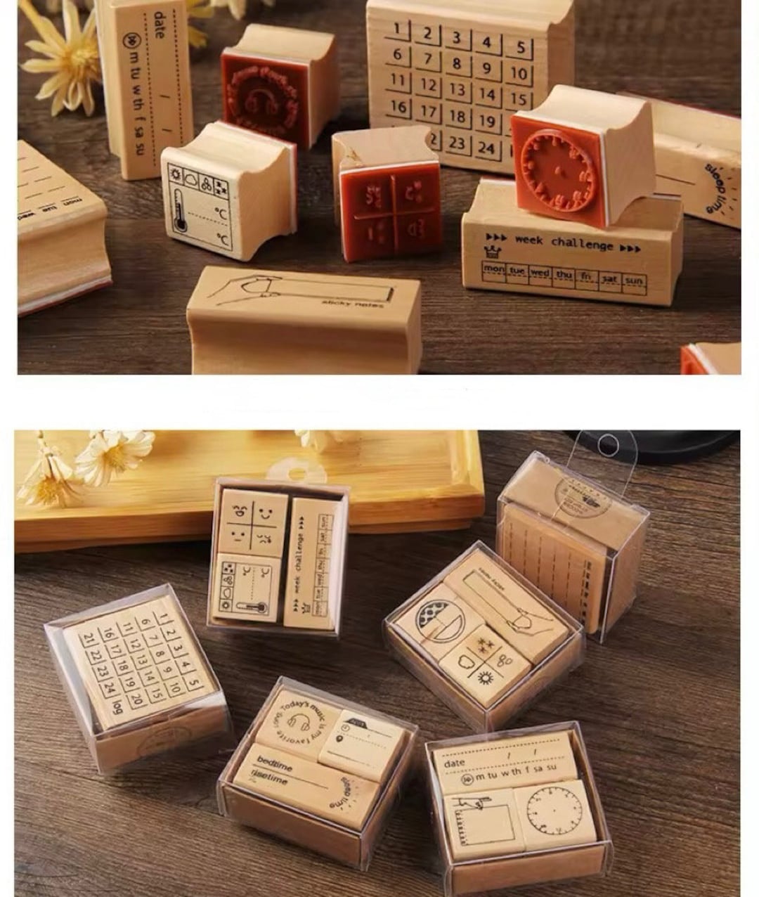 Retro Week Date Time Memo Note Wooden Stamp Set, Weather Temp Mood ...