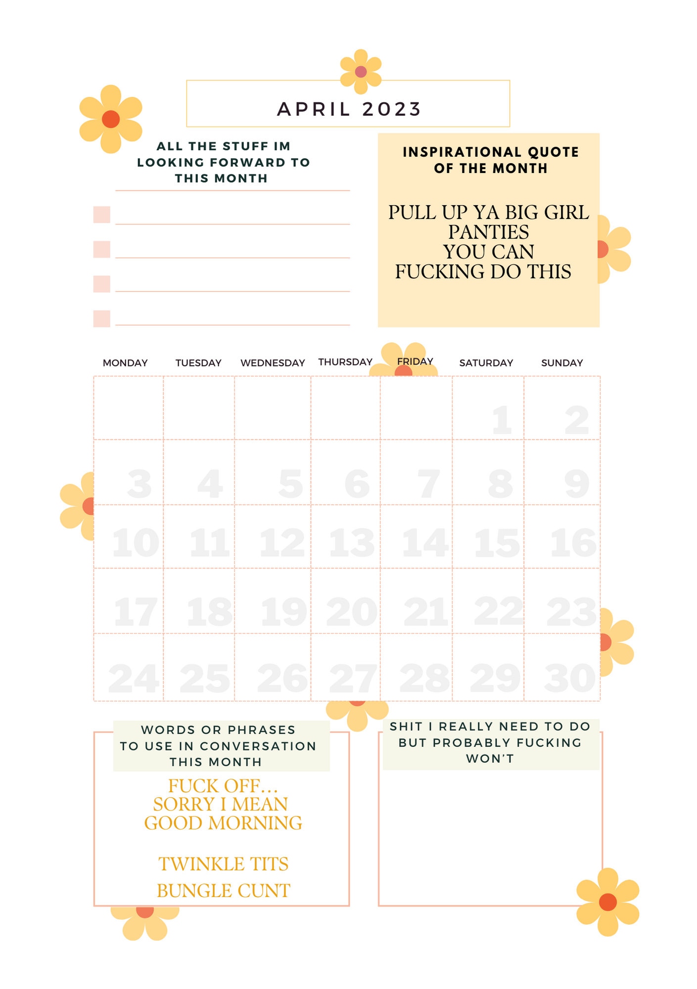 Sweary Profanity Swear Words Offensive 2024 Calendar, Printable ...