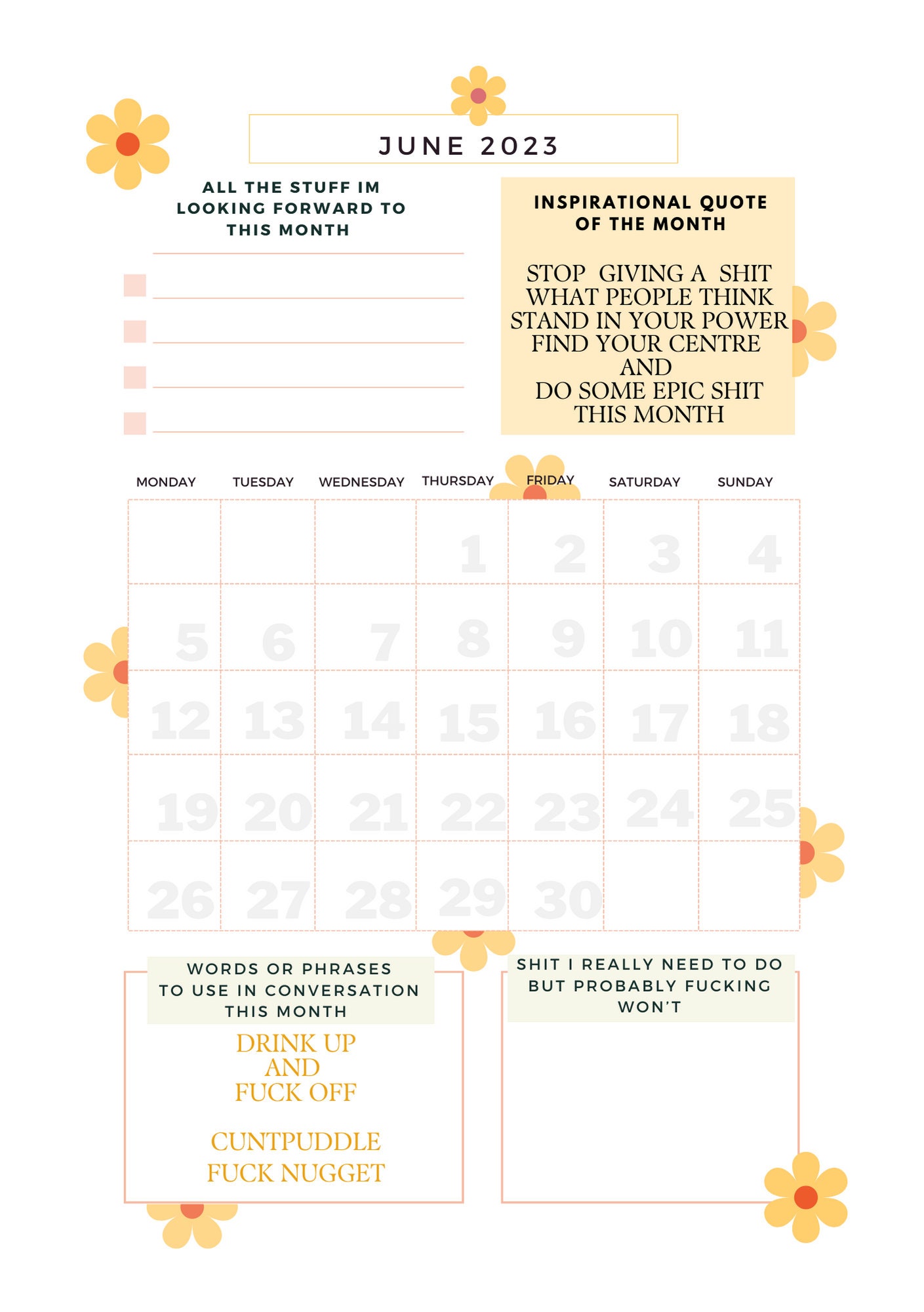 Sweary Profanity Swear Words Offensive 2024 Calendar, Printable ...
