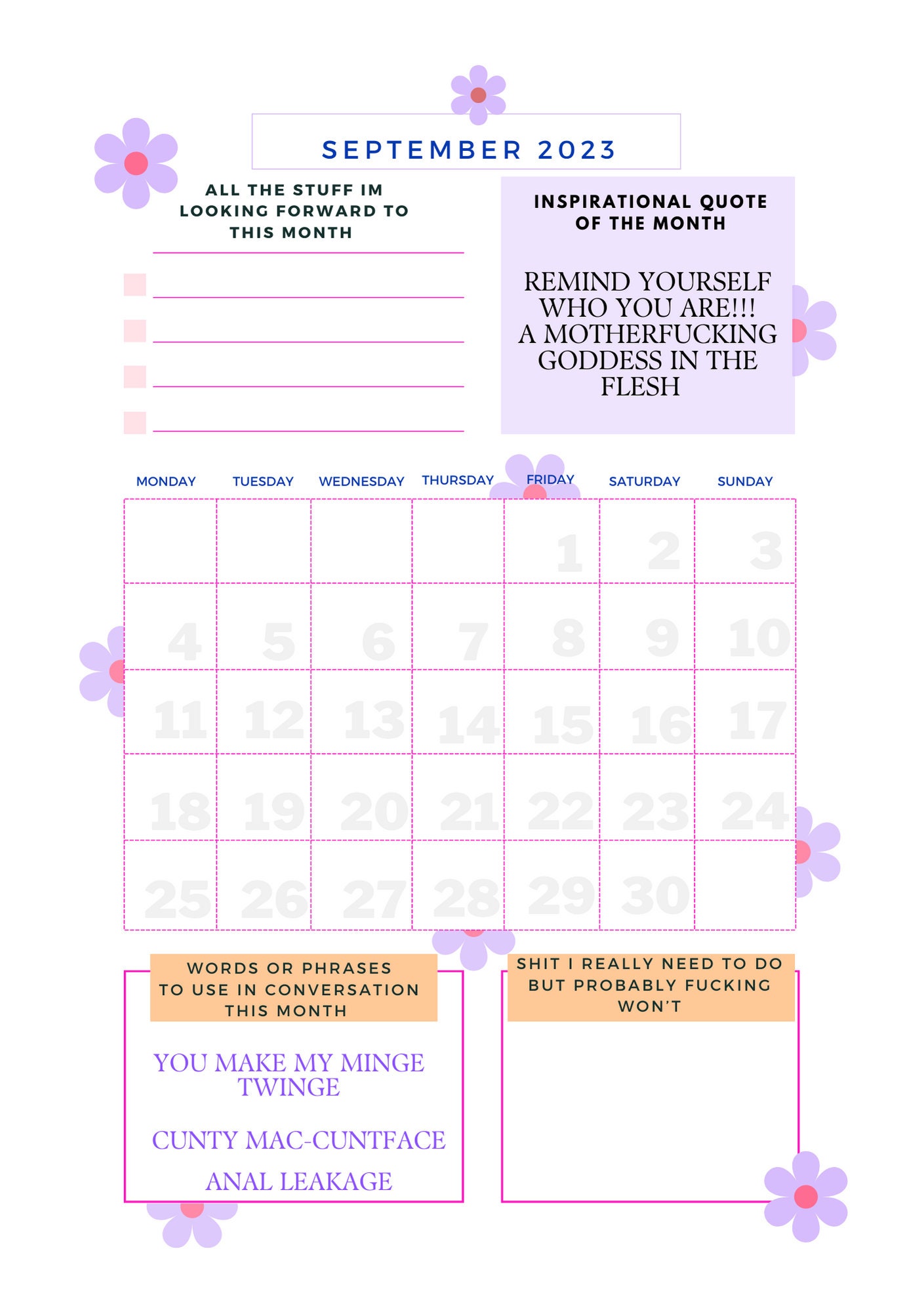 Sweary Profanity Swear Words Offensive 2024 Calendar, Printable ...