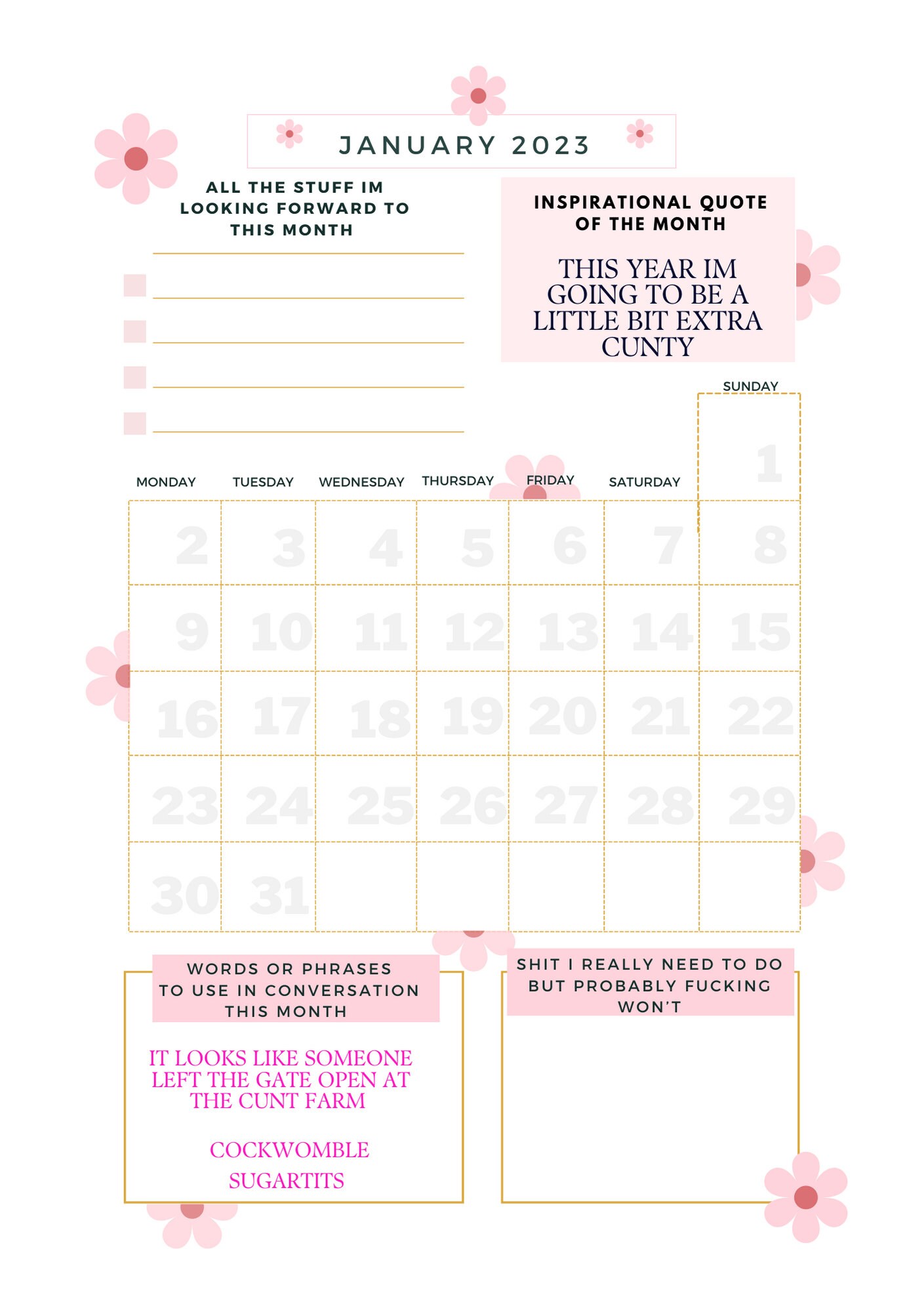 Sweary Profanity Swear Words Offensive 2024 Calendar, Printable ...