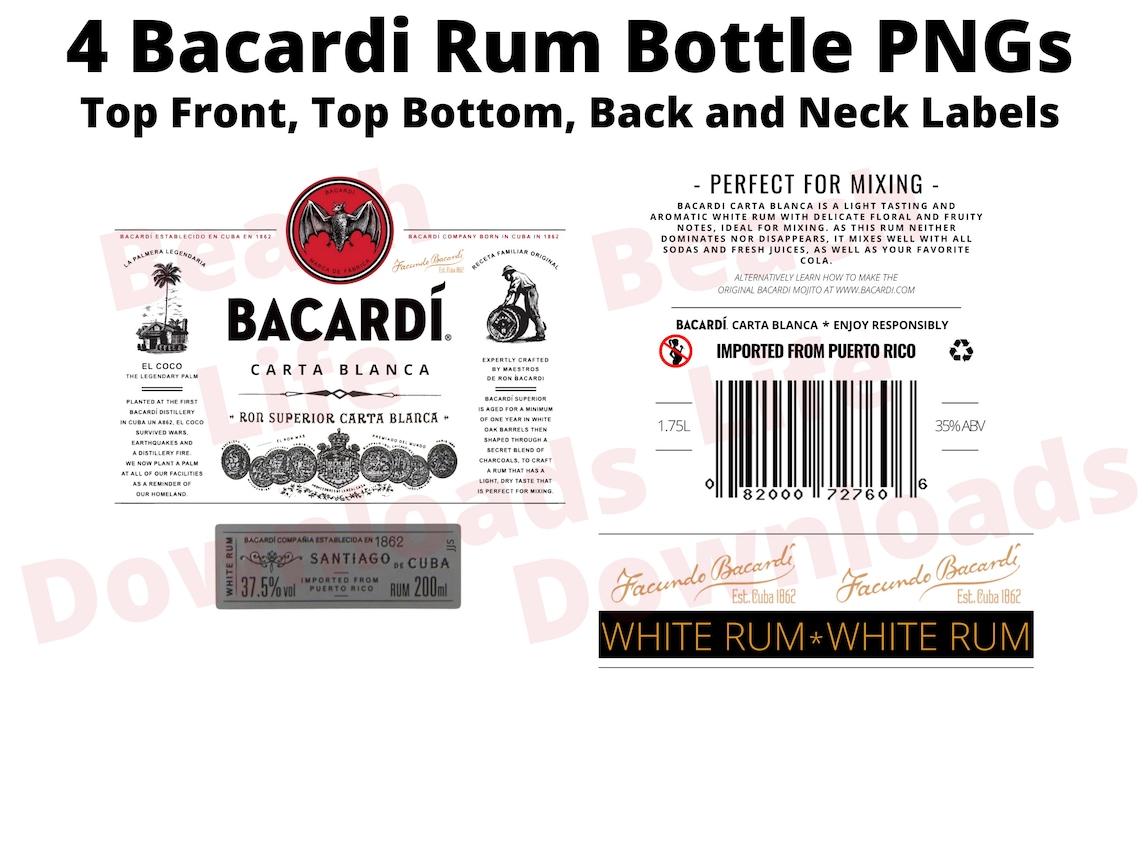 Four Bacardi Rum Bottle Labels Transparent and Background - Etsy