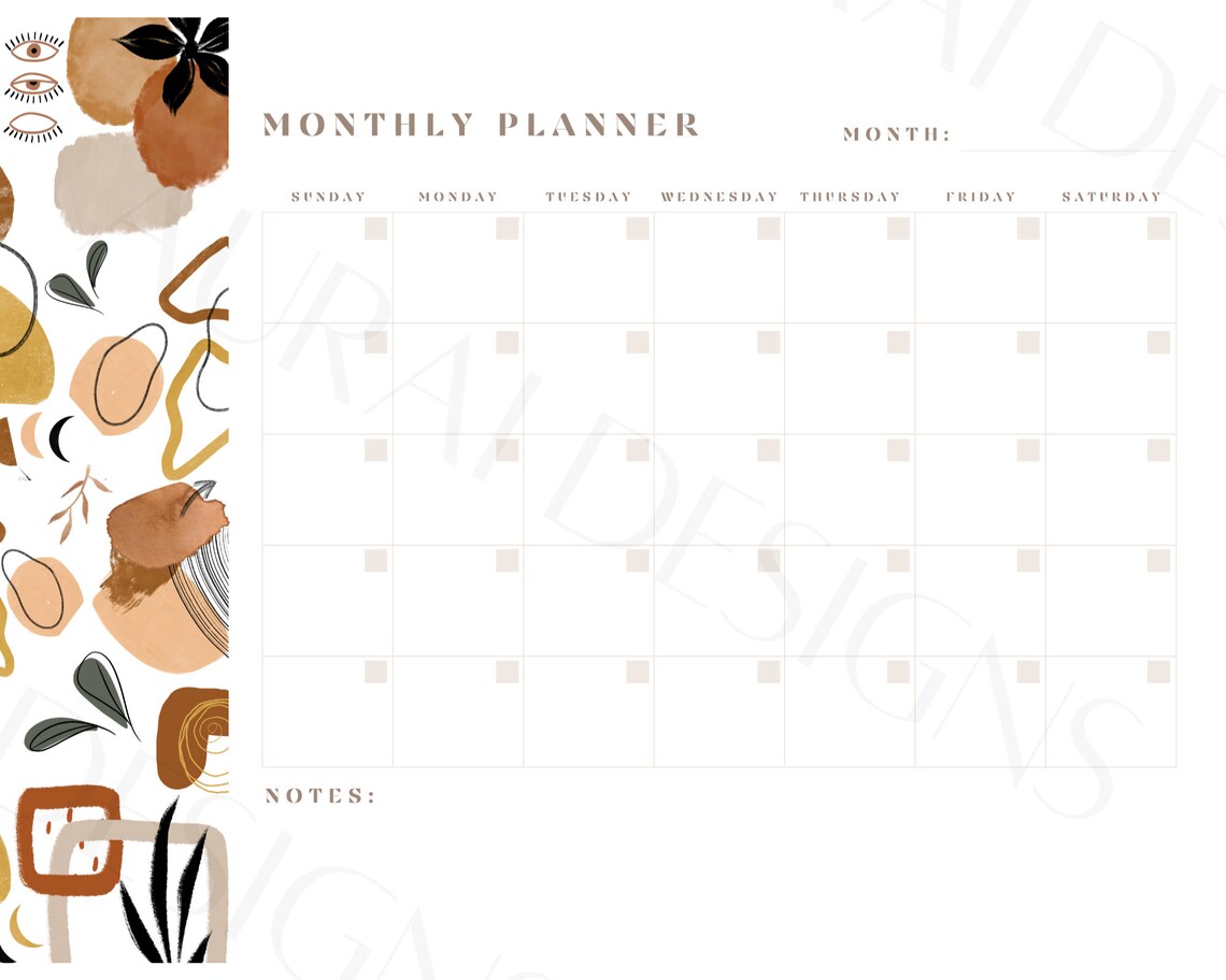 Printable Blank Modern Monthly Calendar Landscape Cool | Etsy