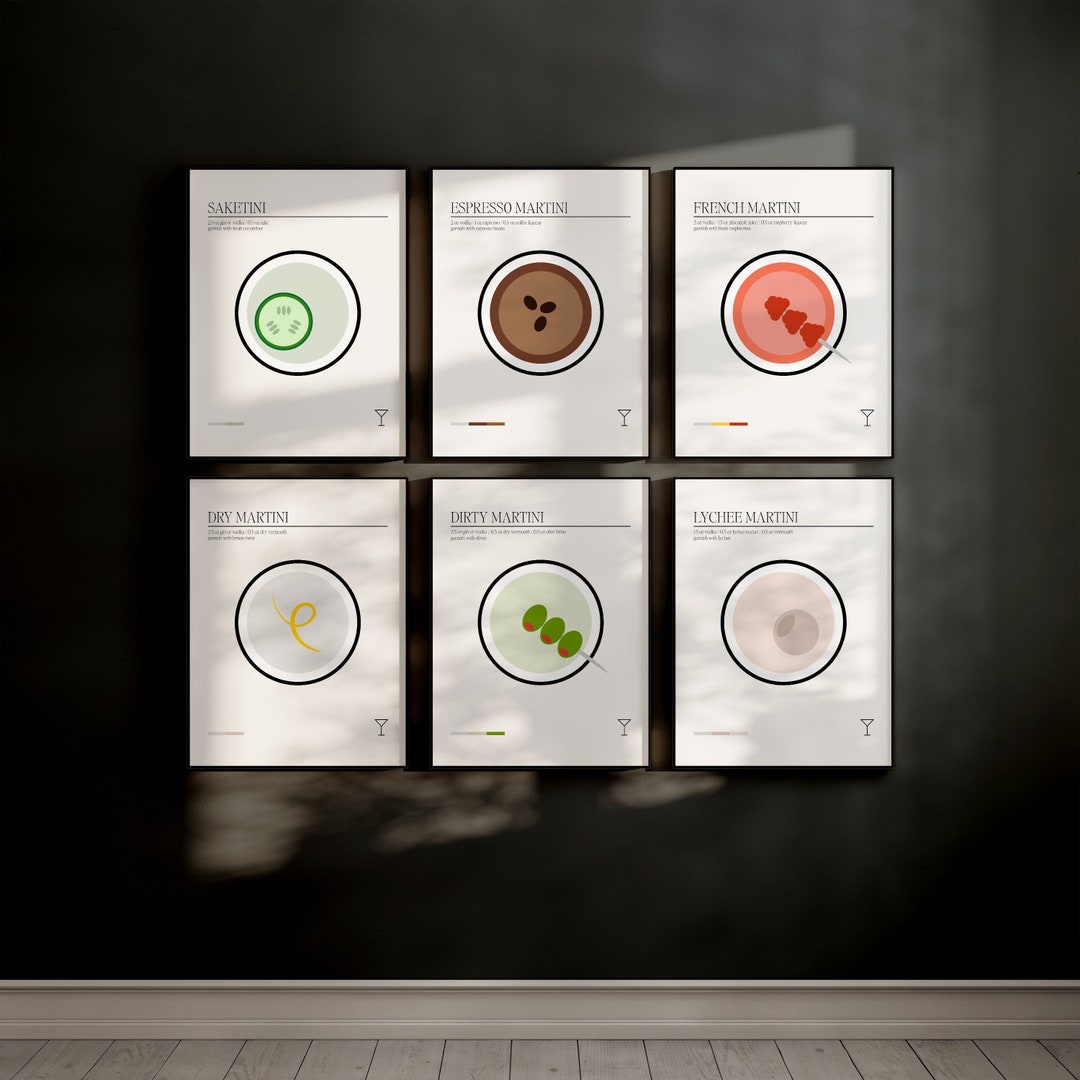 Set of 6 Digital Cocktail Prints, Minimalist Bar Cart Gallery Wall ...