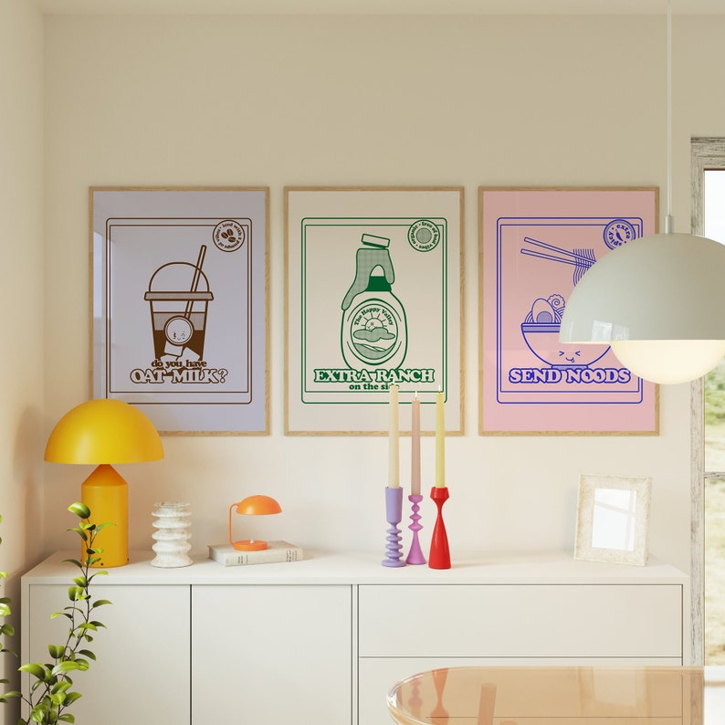 Set of 3 Cute Food Prints, Kitchen Digital Art, Send Noods, Oat Milk ...