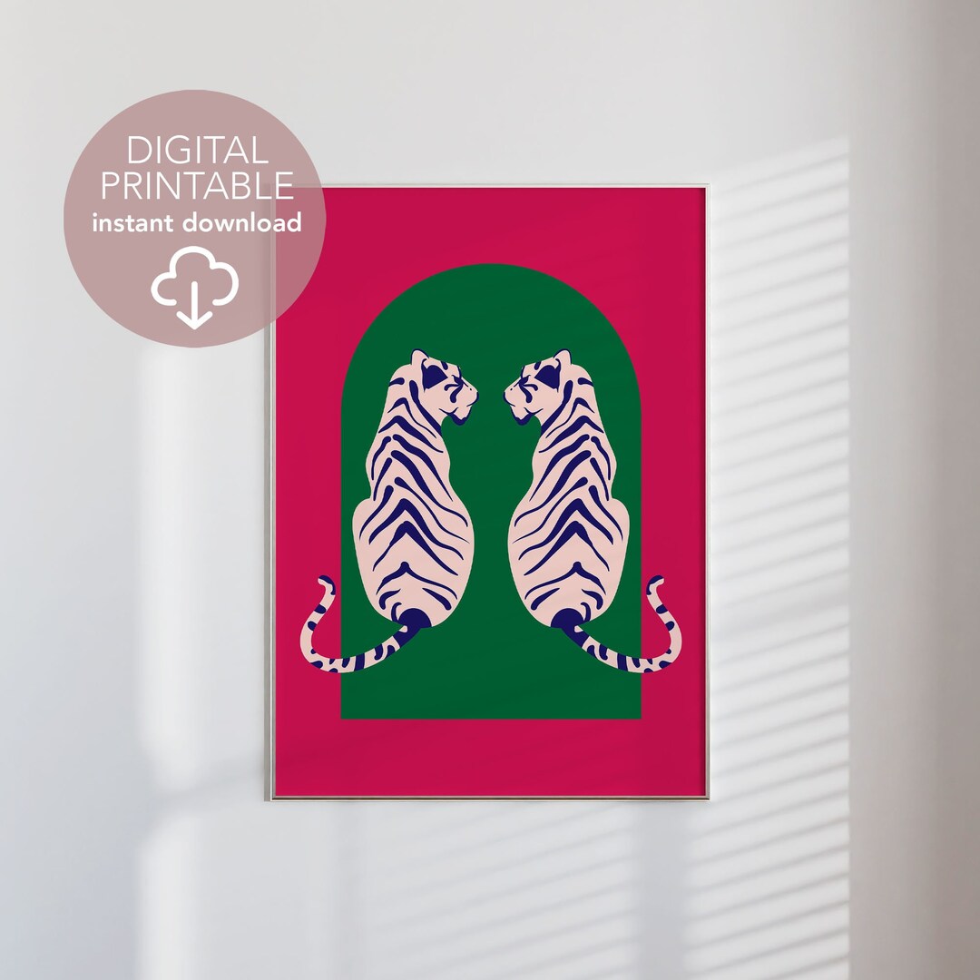 Pink Green Preppy Tiger Digital Poster, Tigers Wall Art Download ...
