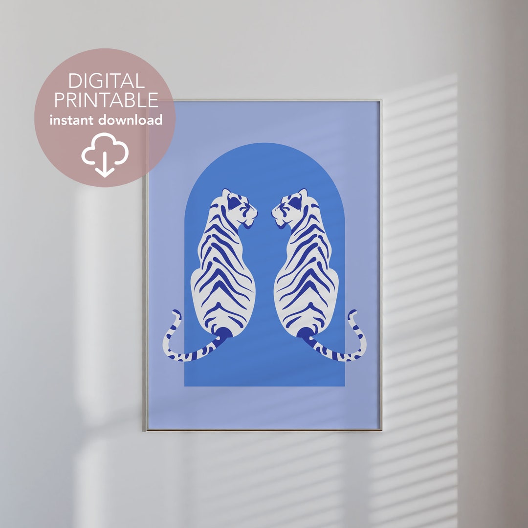 Digital Tiger Poster, Boho Tiger Wall Print, Blue Tigress Printable ...
