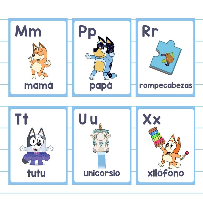 Bluey Alphabet Flashcards | Bluey Alphabet in Spanish | Bluey Alphabet ...