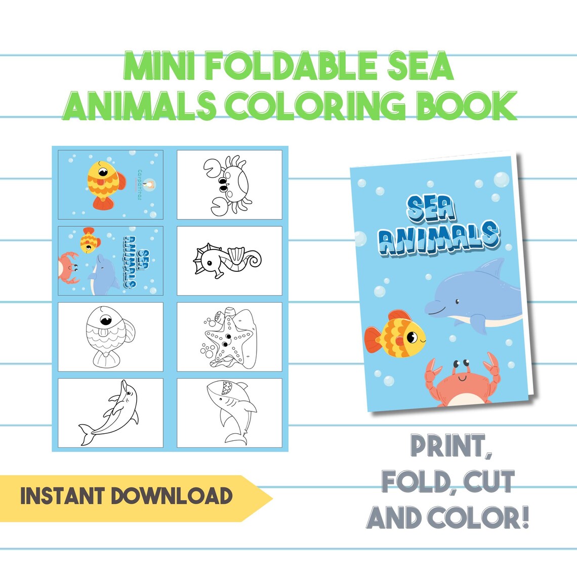 Sea Animals Mini Coloring Book for Kids | Foldable Coloring Booklet ...