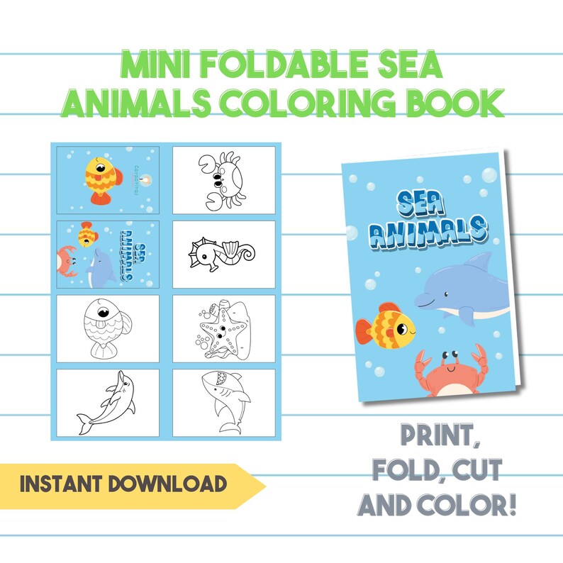 Sea Animals Mini Coloring Book for Kids | Foldable Coloring Booklet ...